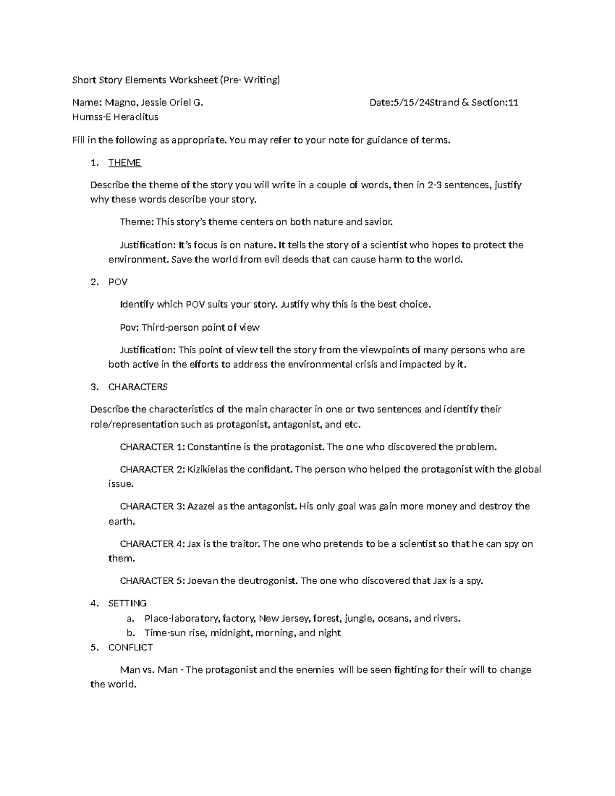 PRE Writing - good - Short Story Elements Worksheet (Pre- Writing) Name ...