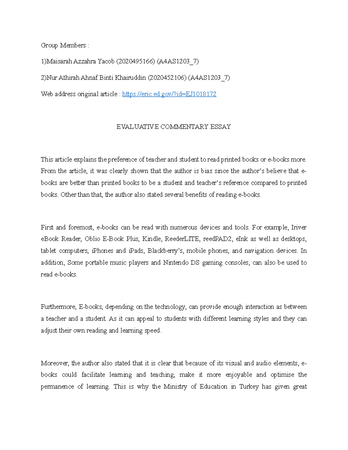 Evaluative Commentary Essay (Maisarah and Athirah)(Class 7) - Group ...