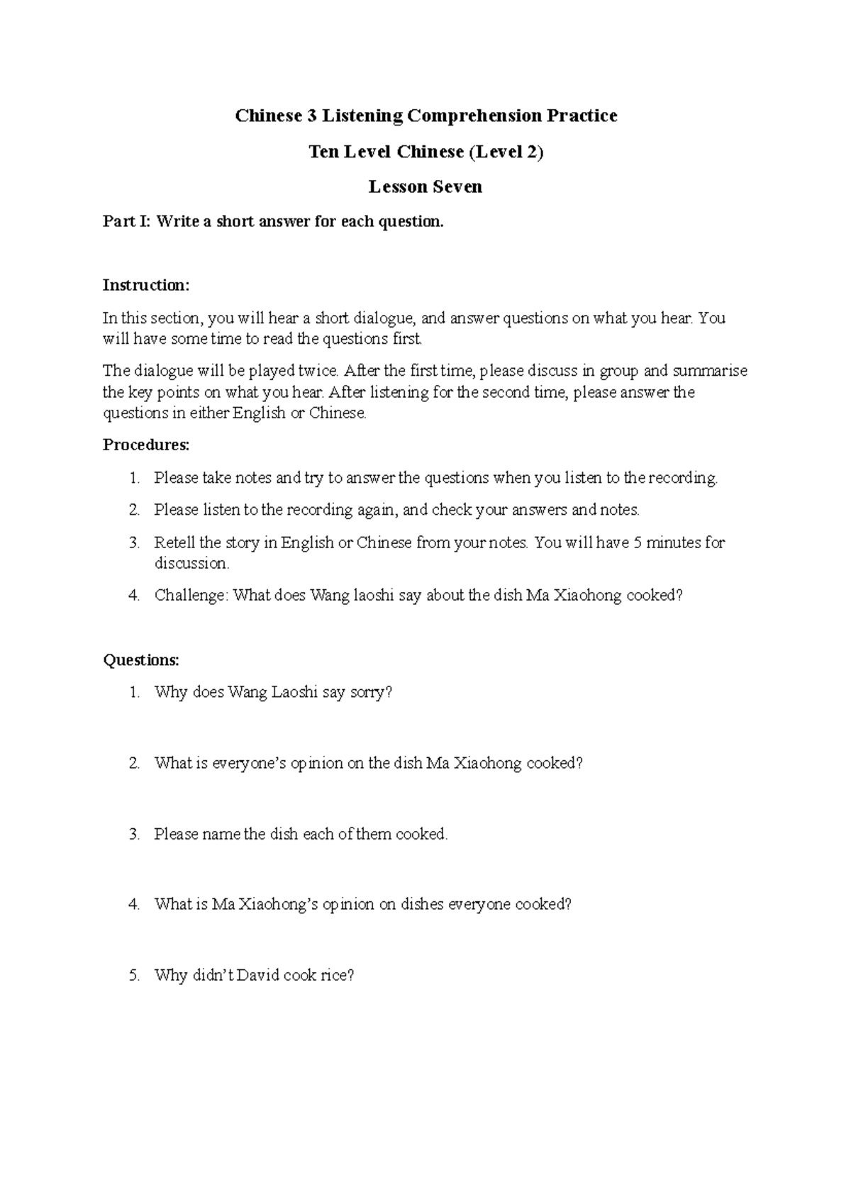 Chinese 3 Listening Comprehension Practice Answer Sheet L7-1 - Chinese ...