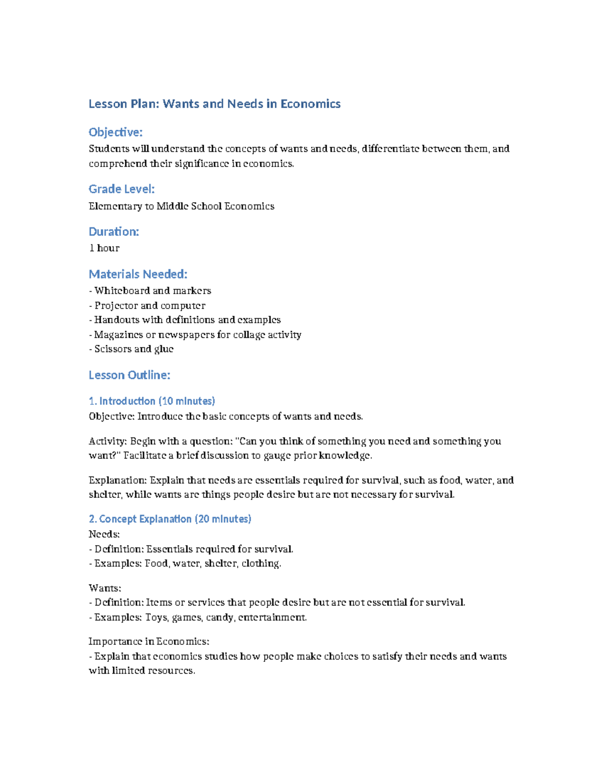 Lesson Plan Wants and Needs in Economics - Lesson Plan: Wants and Needs ...