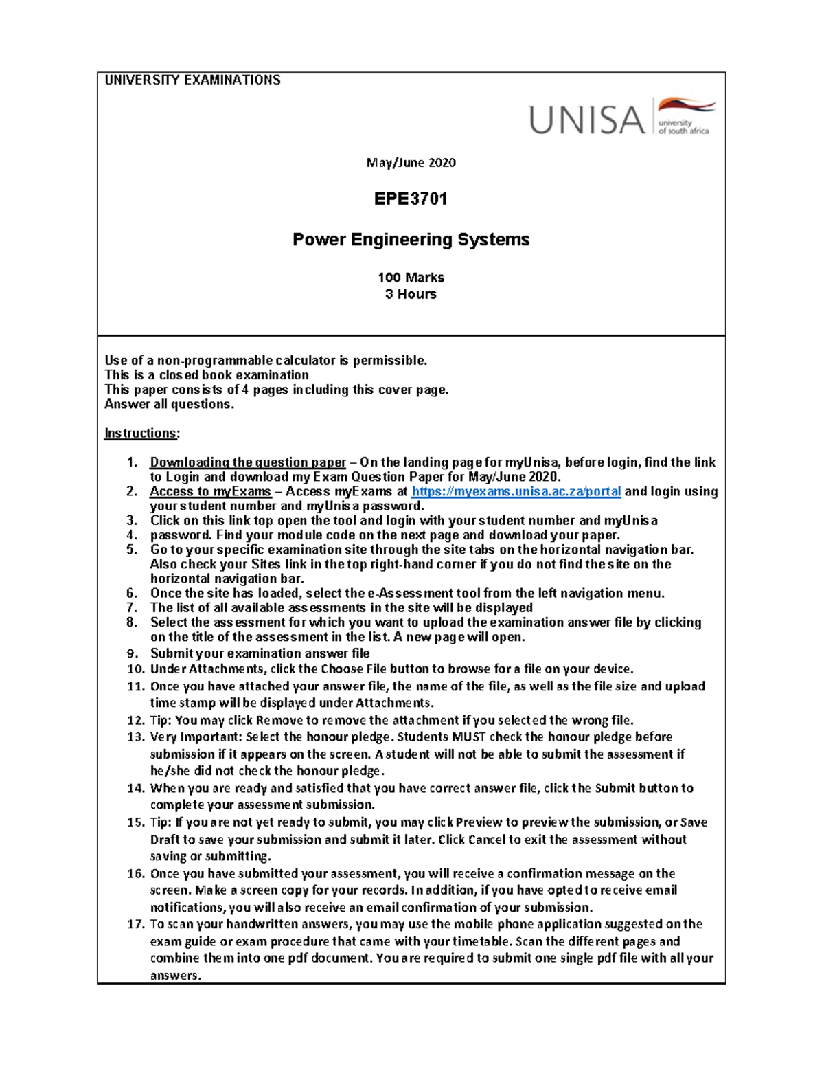Exam 5 June 2020, questions - UNIVERSITY EXAMINATIONS May/June 2020 EPE ...