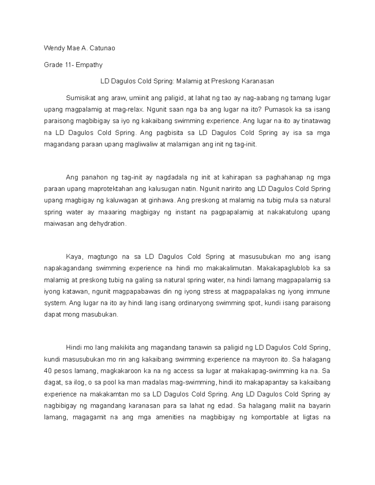 Ppiittp - Wendy Mae A. Catunao Grade 11- Empathy LD Dagulos Cold Spring ...
