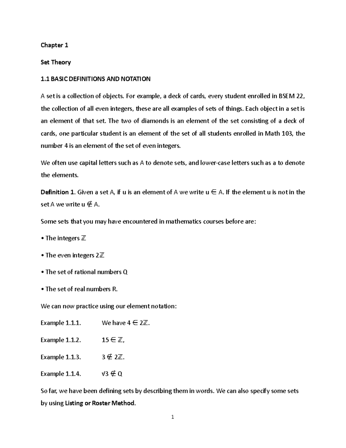 Set and Subsets - For reference only. - Chapter 1 Set Theory 1 BASIC DEFINITIONS AND NOTATION A ...