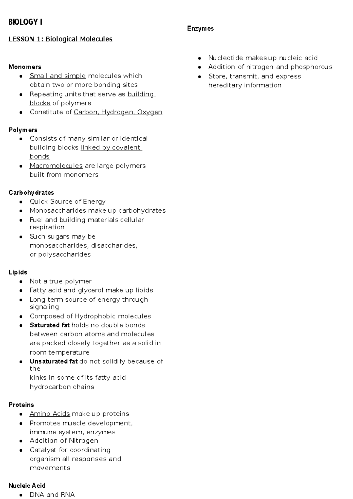 Biology I Biomolecules - BIOLOGY I LESSON 1: Biological Molecules ...
