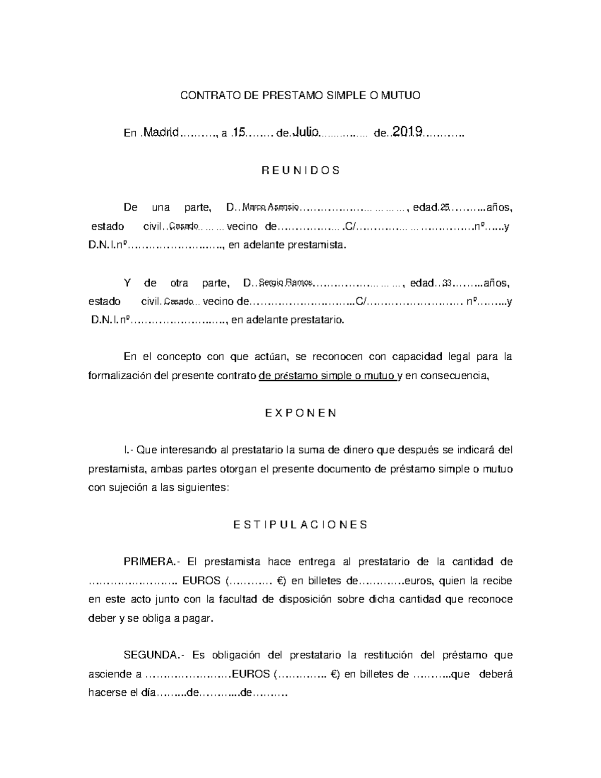 Contrato-de-prestamo - CONTRATO DE PRESTAMO SIMPLE O MUTUO R E U N I D ...