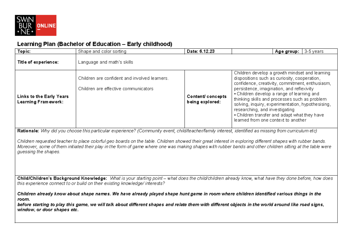 EDU40006 Lesson Plan Template 2023 - Learning Plan (Bachelor of ...