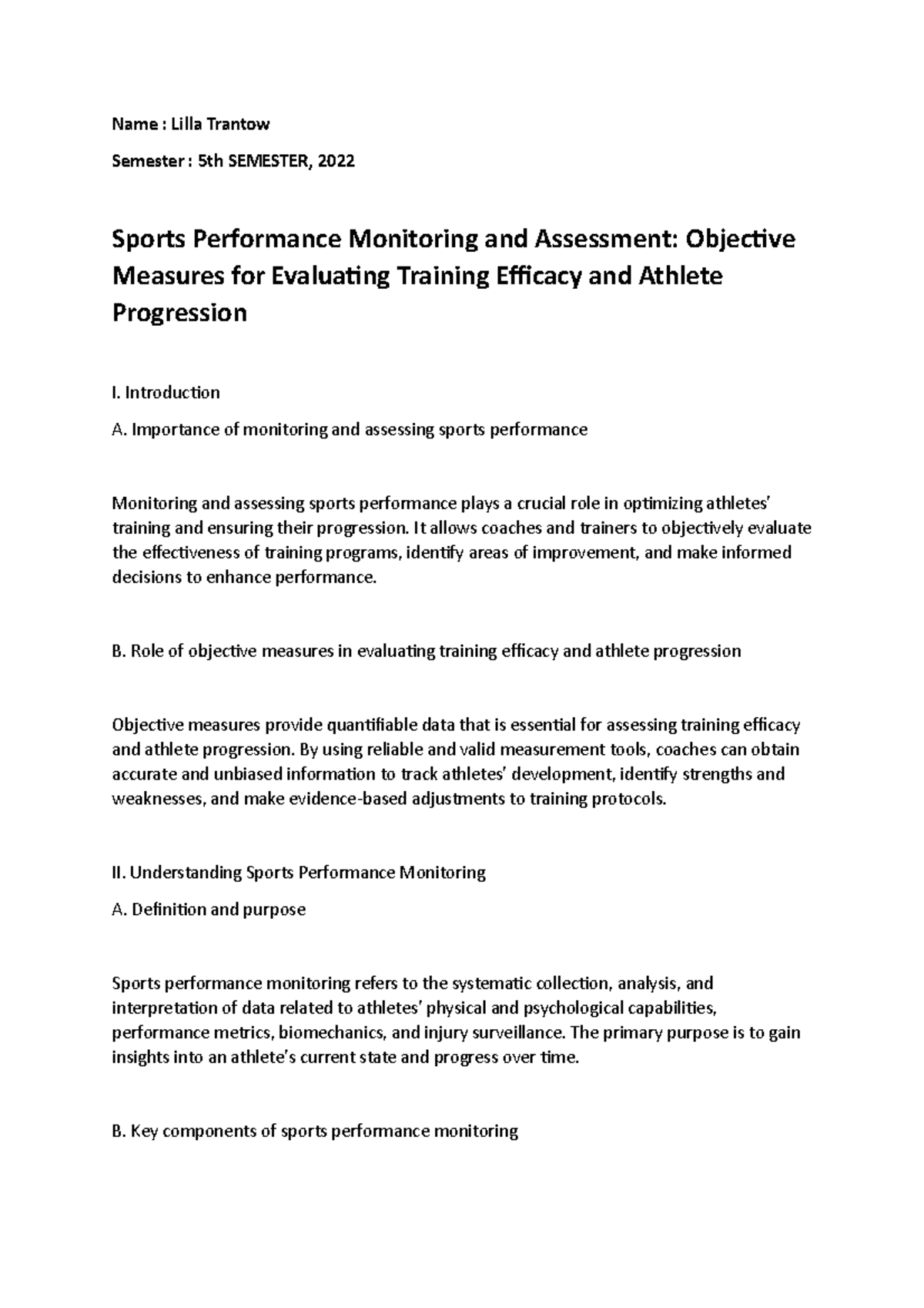 Sports Performance Monitoring and Assessment Objective Measures for ...