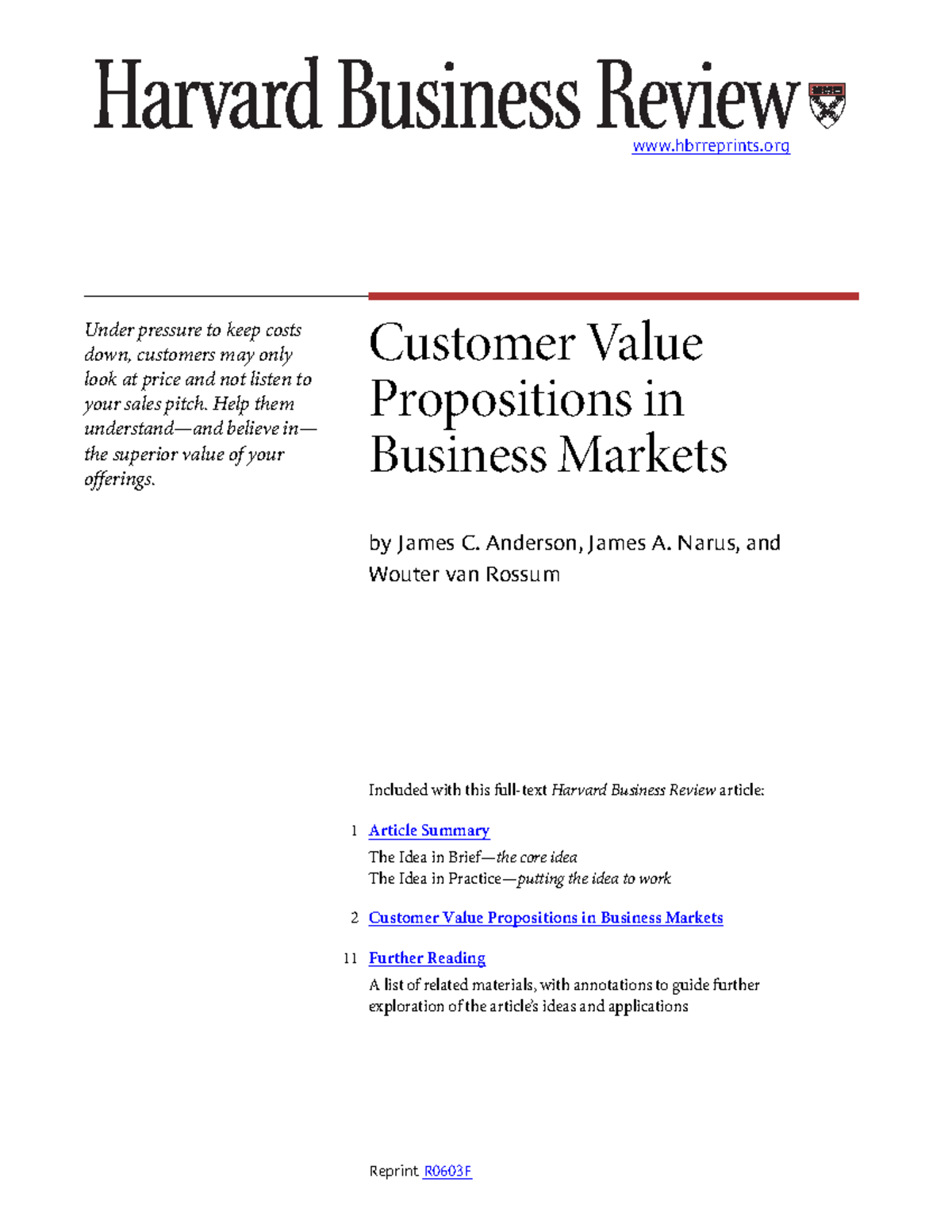 Article CVP in Business Markets - hbrreprints Customer Value ...