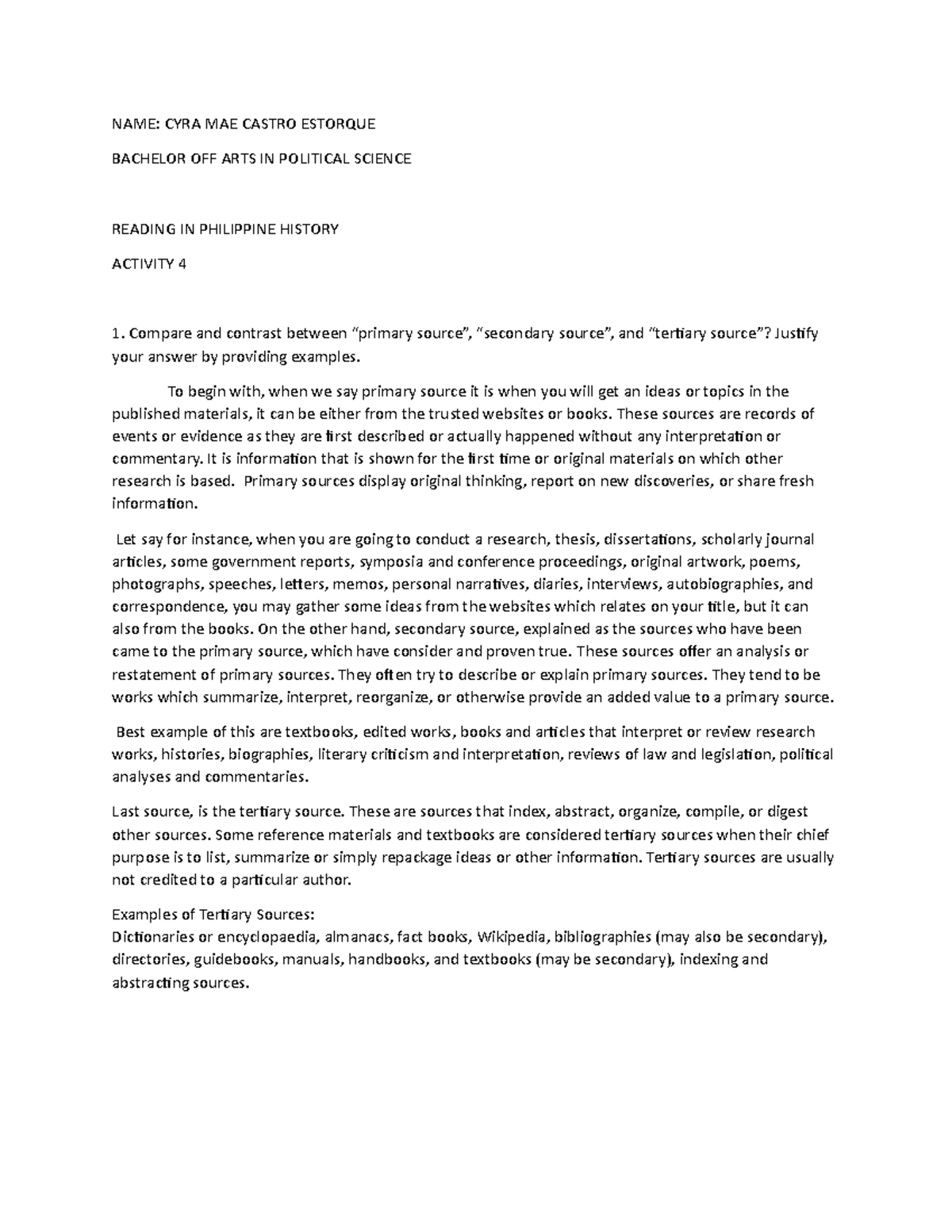 4th-act - Grade: 12 - NAME: CYRA MAE CASTRO ESTORQUE BACHELOR OFF ARTS ...