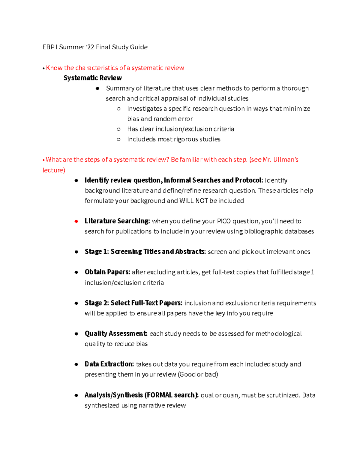 525 Final Exam Study Guide - EBP I Summer »22 Final Study Guide Know ...