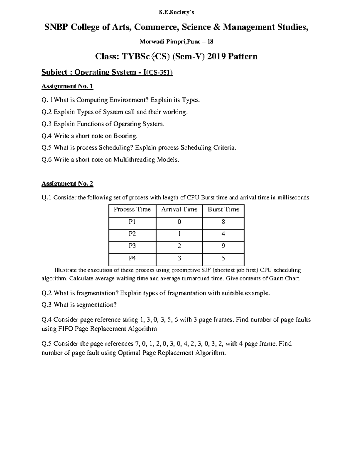 Operating System-I Assignment-1 - S.E’s SNBP College of Arts, Commerce ...