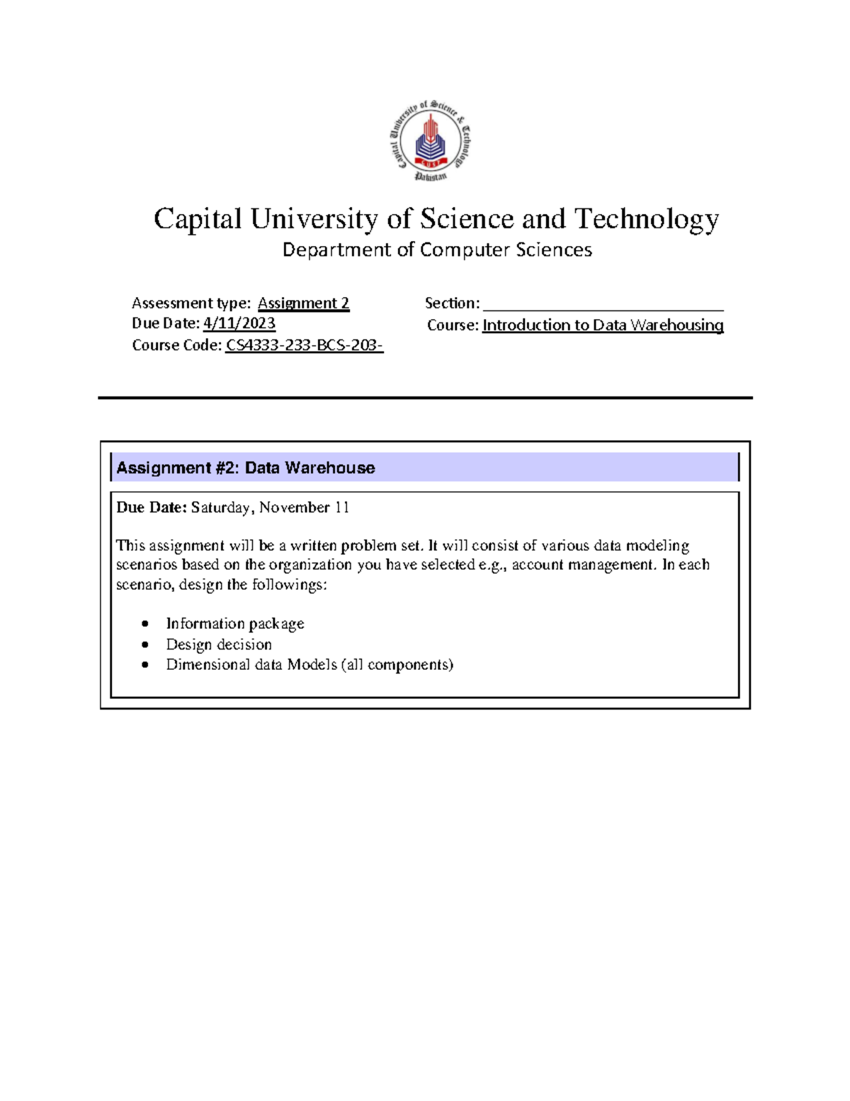 DW Assign 2-section 23 - lecturer notes - Capital University of Science ...