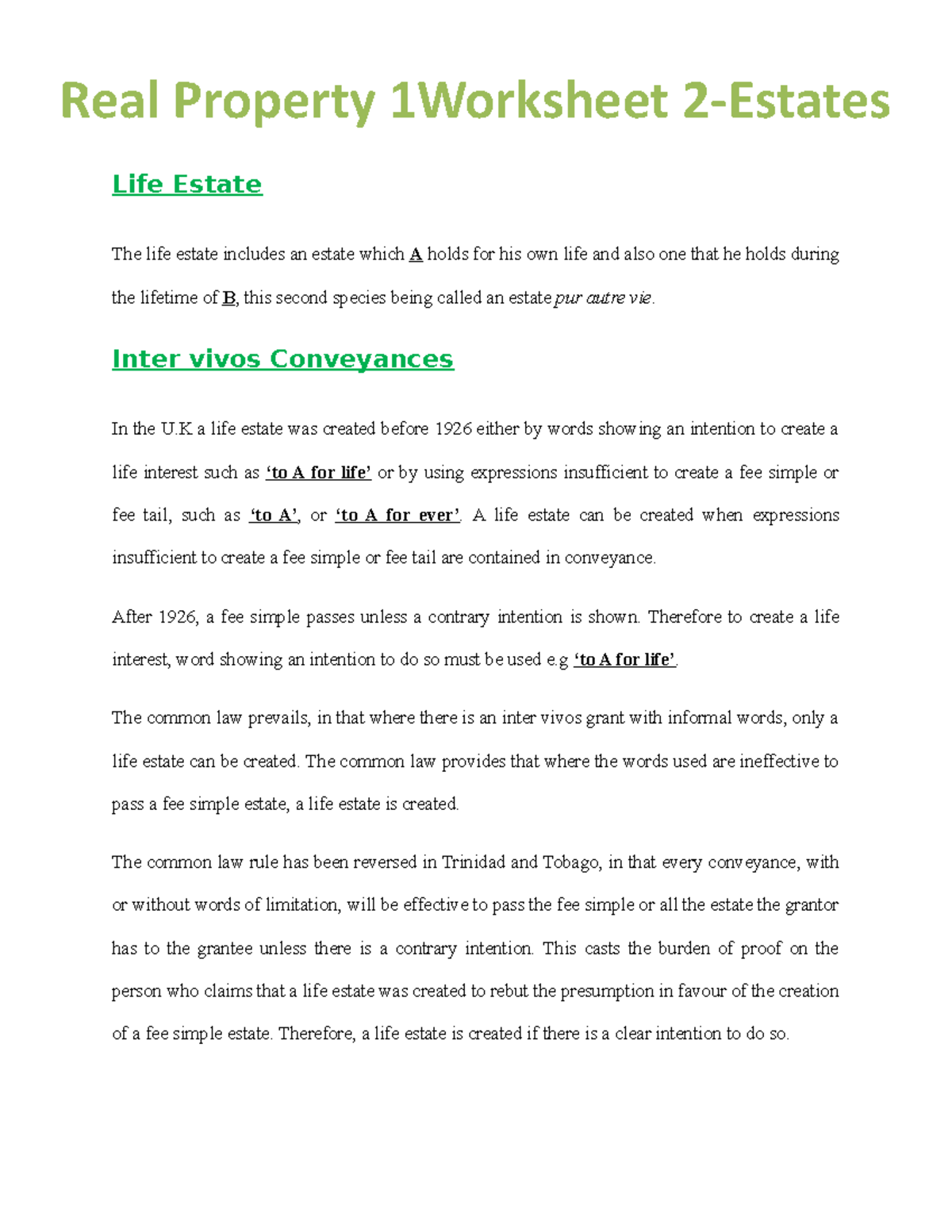 Real Property Worksheet 2 Estates - Life Estate The life estate ...