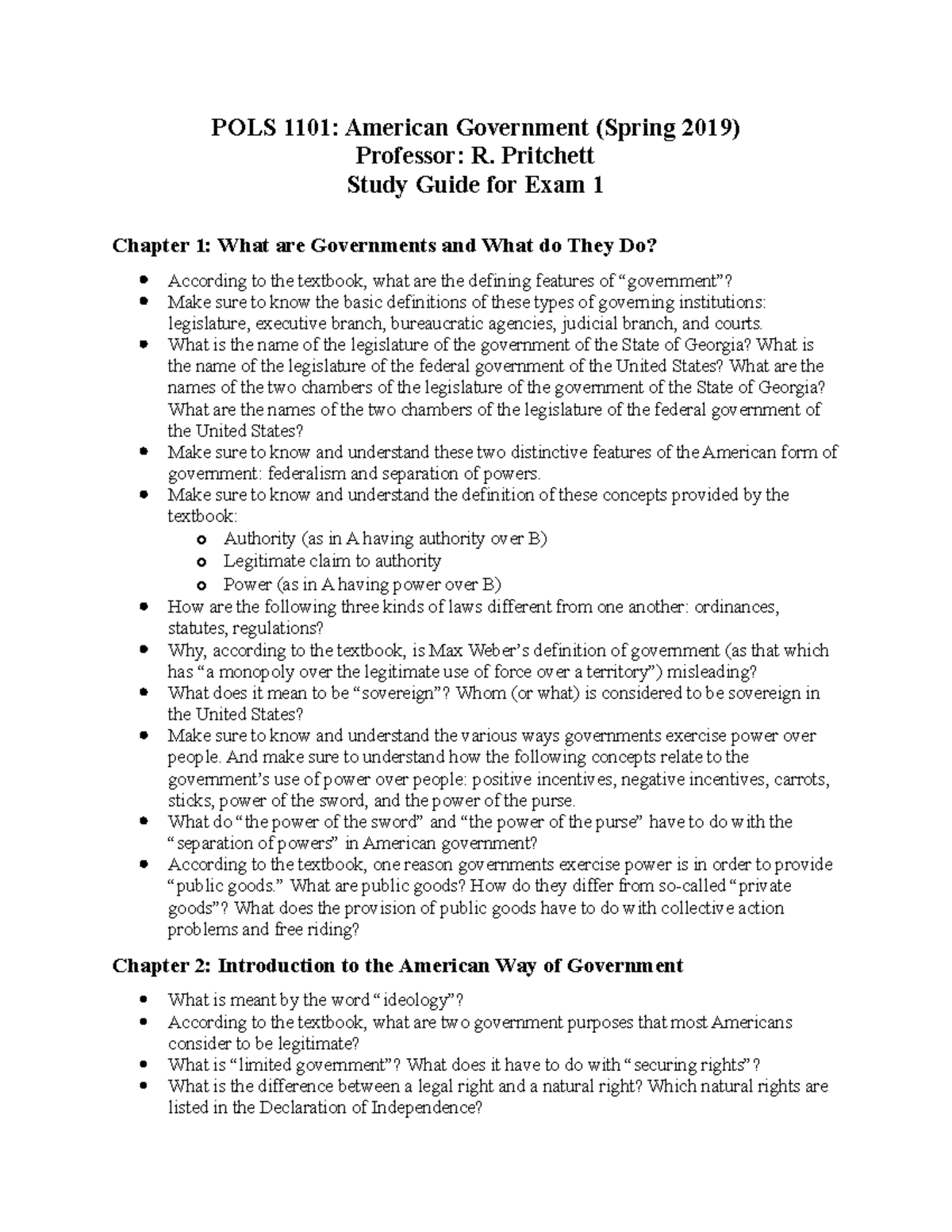 GOV Exam Guide - POLS 1101: American Government (Spring 2019) Professor ...
