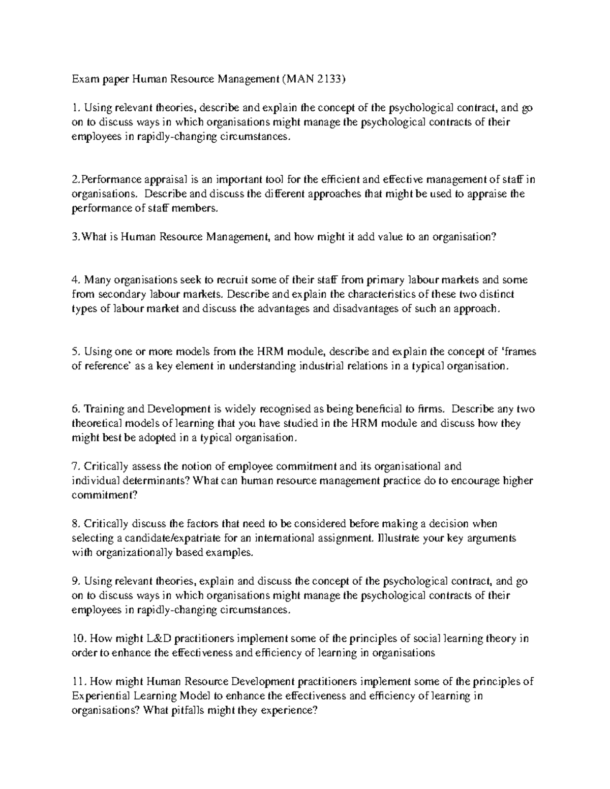 Past Exam Questions Human Resource Management - Exam paper Human ...