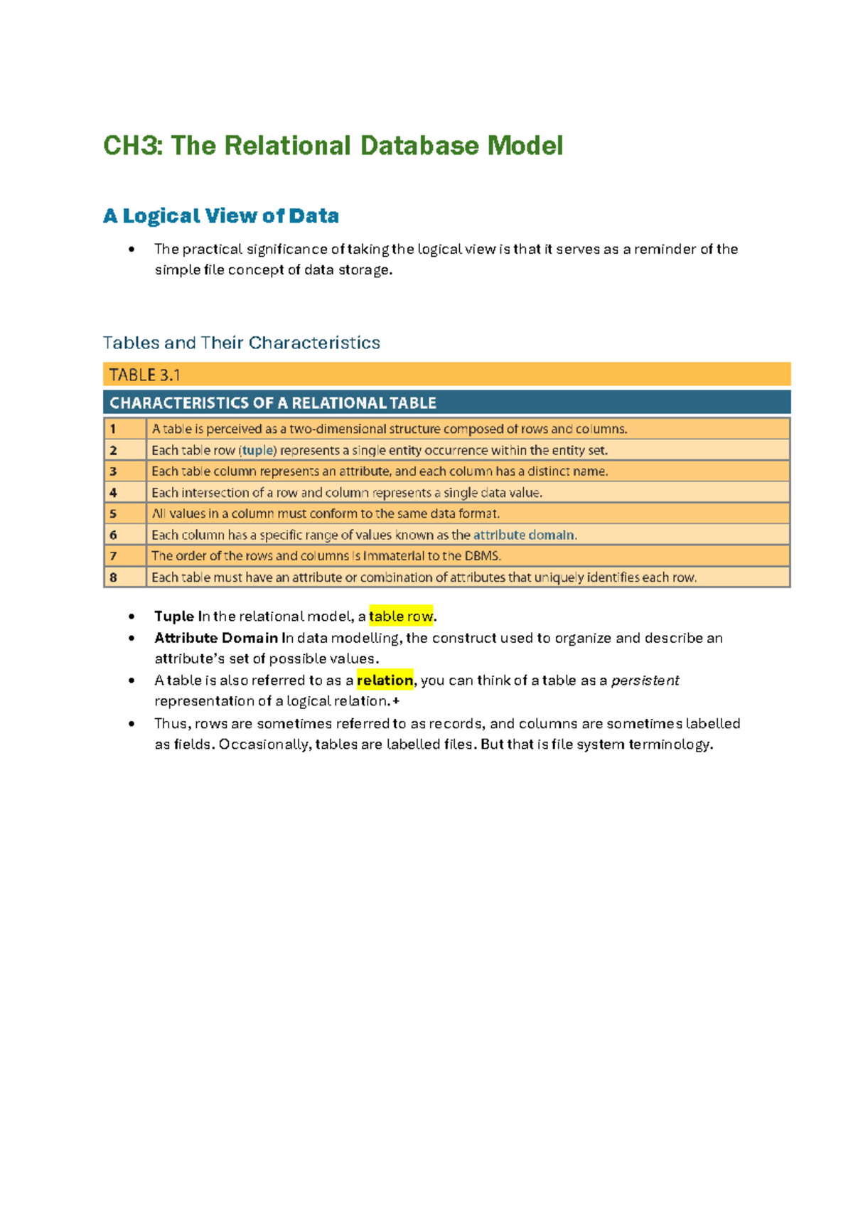 Relational Database Model - Tables and Their Characteristics Tuple In the relational model, a ...