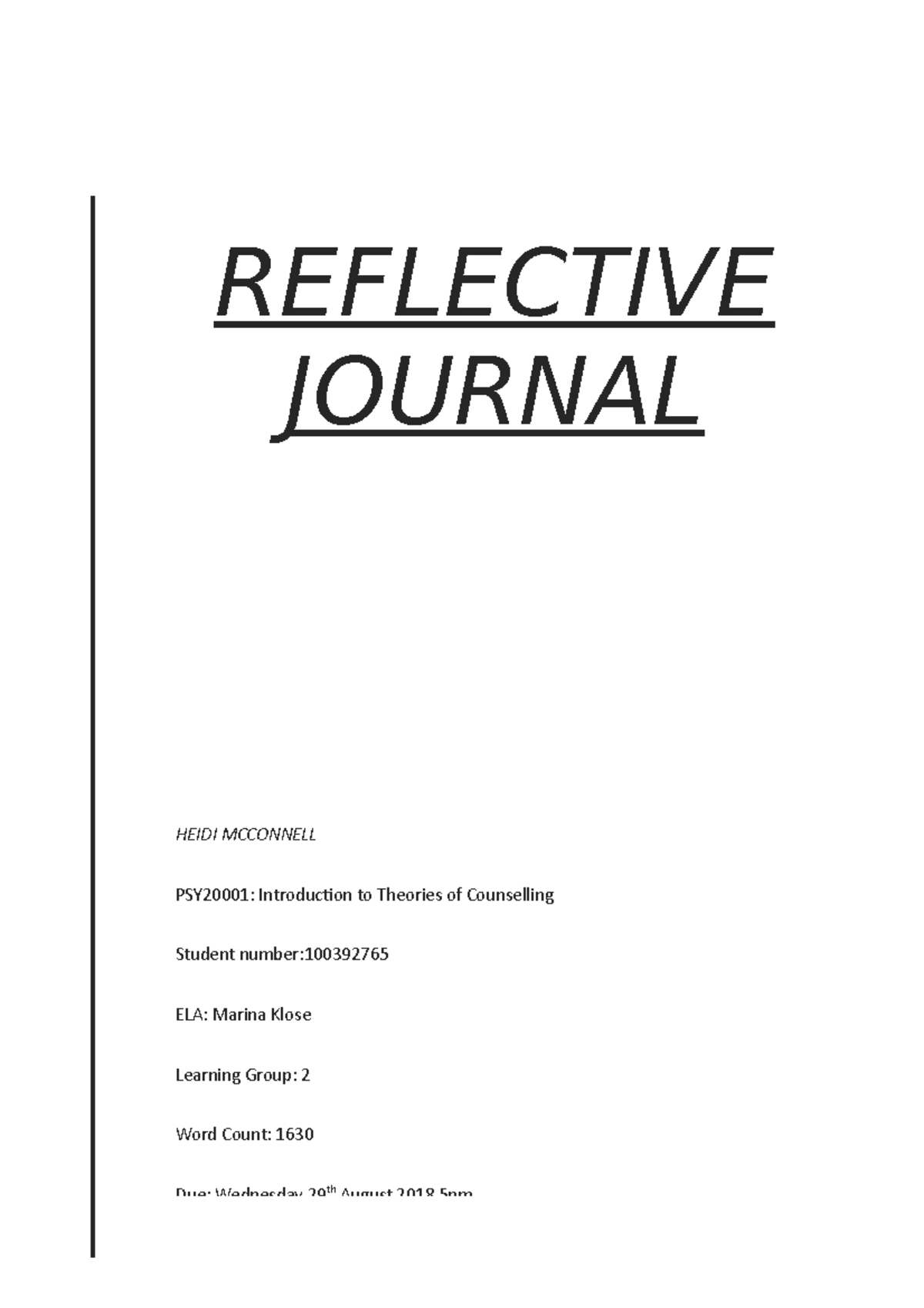 Reflective Journal PSY2000 1 - REFLECTIVE JOURNAL HEIDI MCCONNELL ...