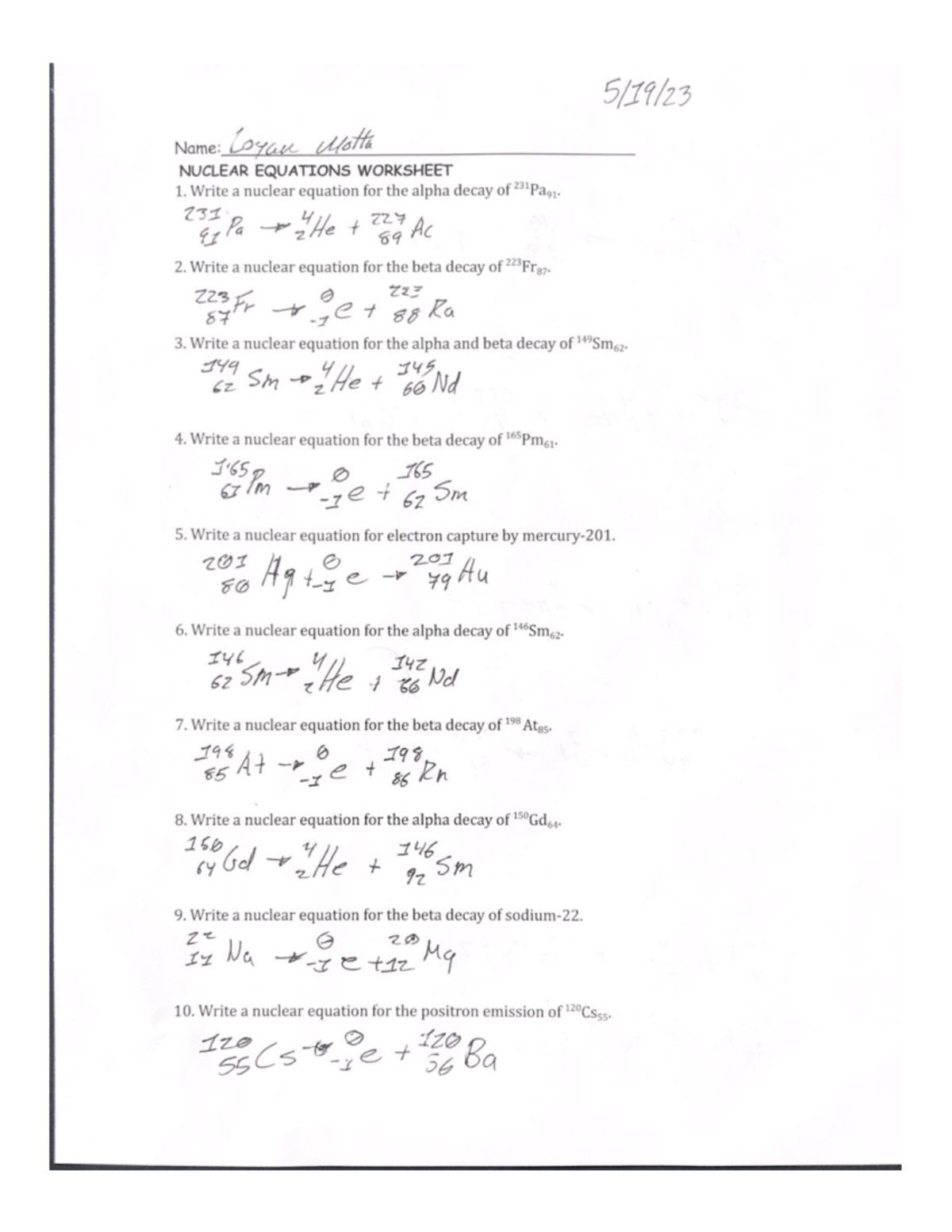 Nuclear Equations Worksheet - PHYS 1202Q - Studocu