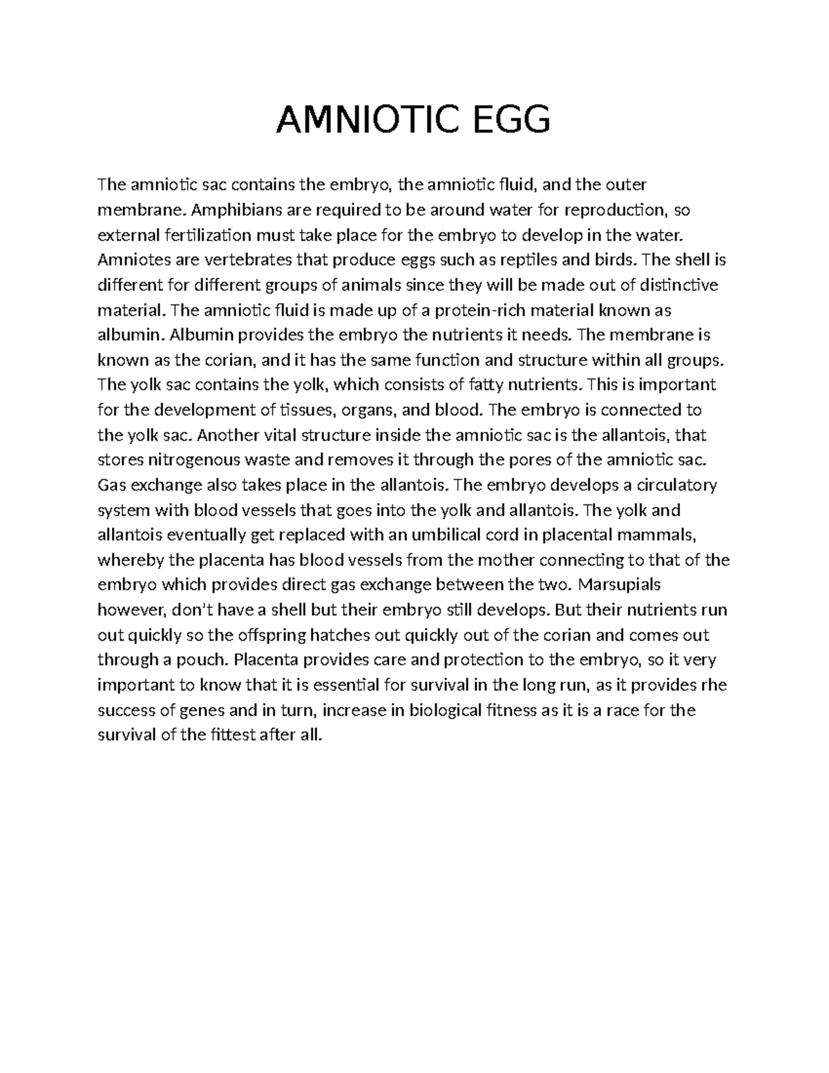 A summary of the Structure and Function of the Amniotic Egg and how ...