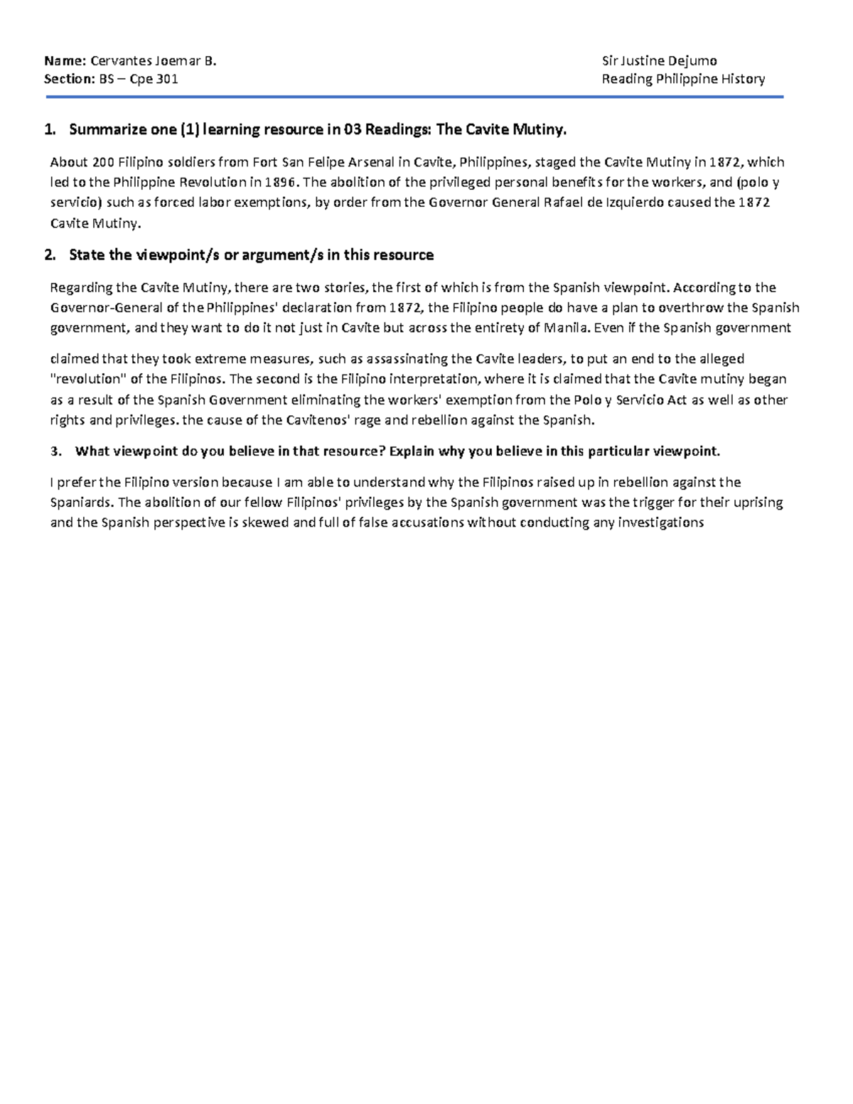 Summarize one (1) learning resource in 03 Readings: The Cavite Mutiny. 03Activity 01 Cav Mut RPH ...