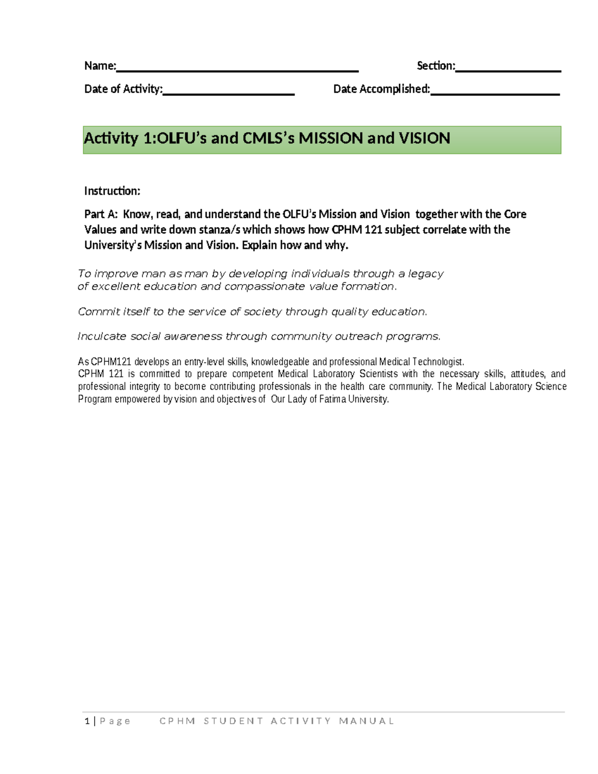 ACT 1-3 CPH Activity Manual pages - Activity 1:OLFU’s and CMLS’s MISSION and VISION Name ...