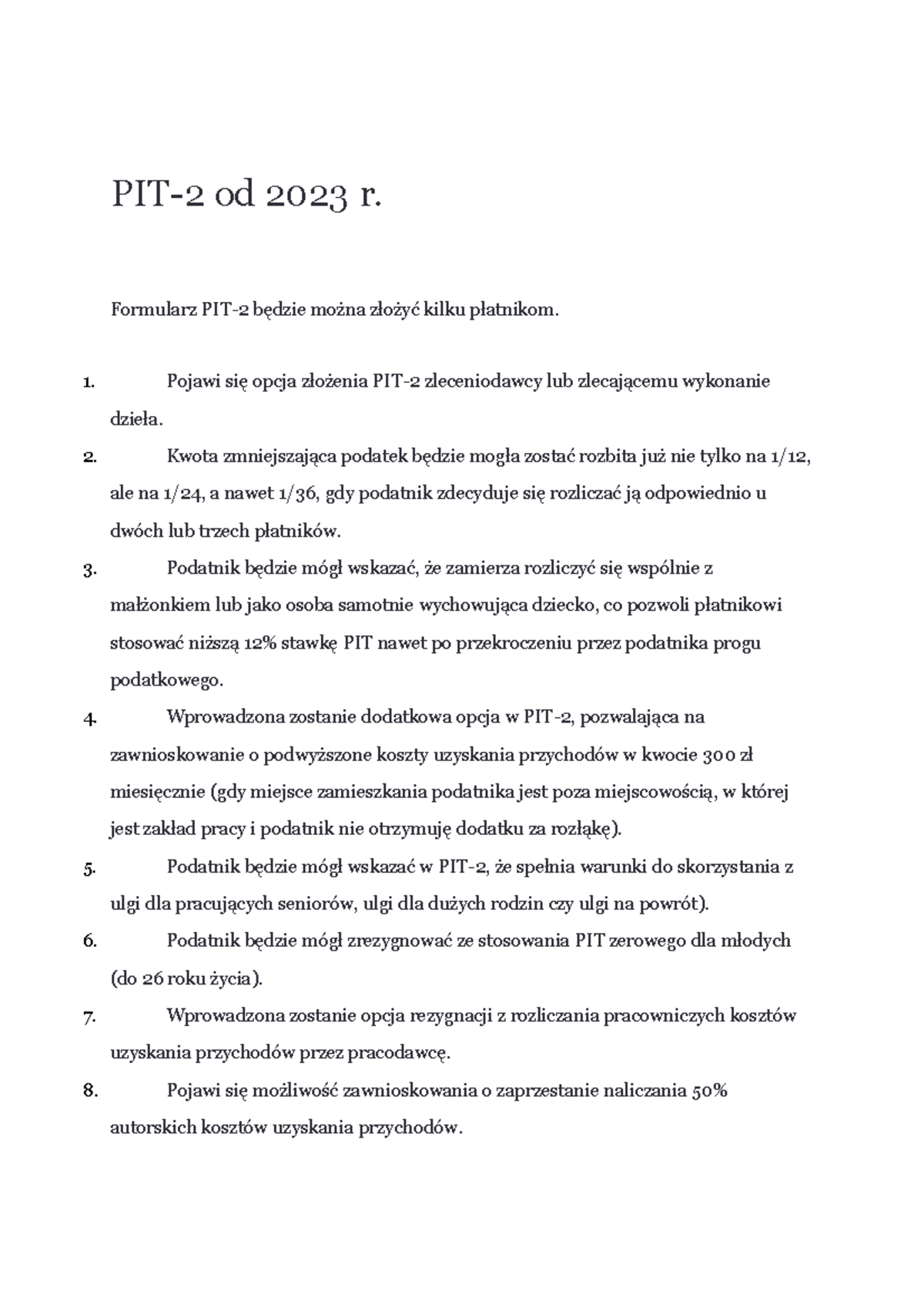 Podatki - PIT-2 od 2023 r. Formularz PIT-2 będzie można złożyć kilku ...