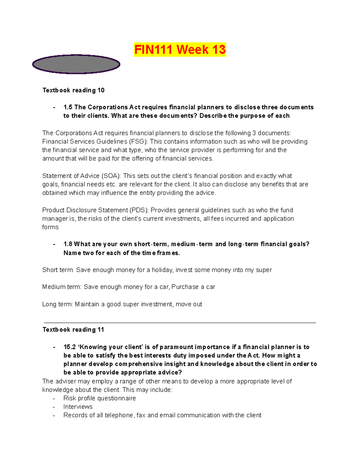 FIN111 Week 13 - questions and answers week 13 - FIN111 Week 13 Adam ...