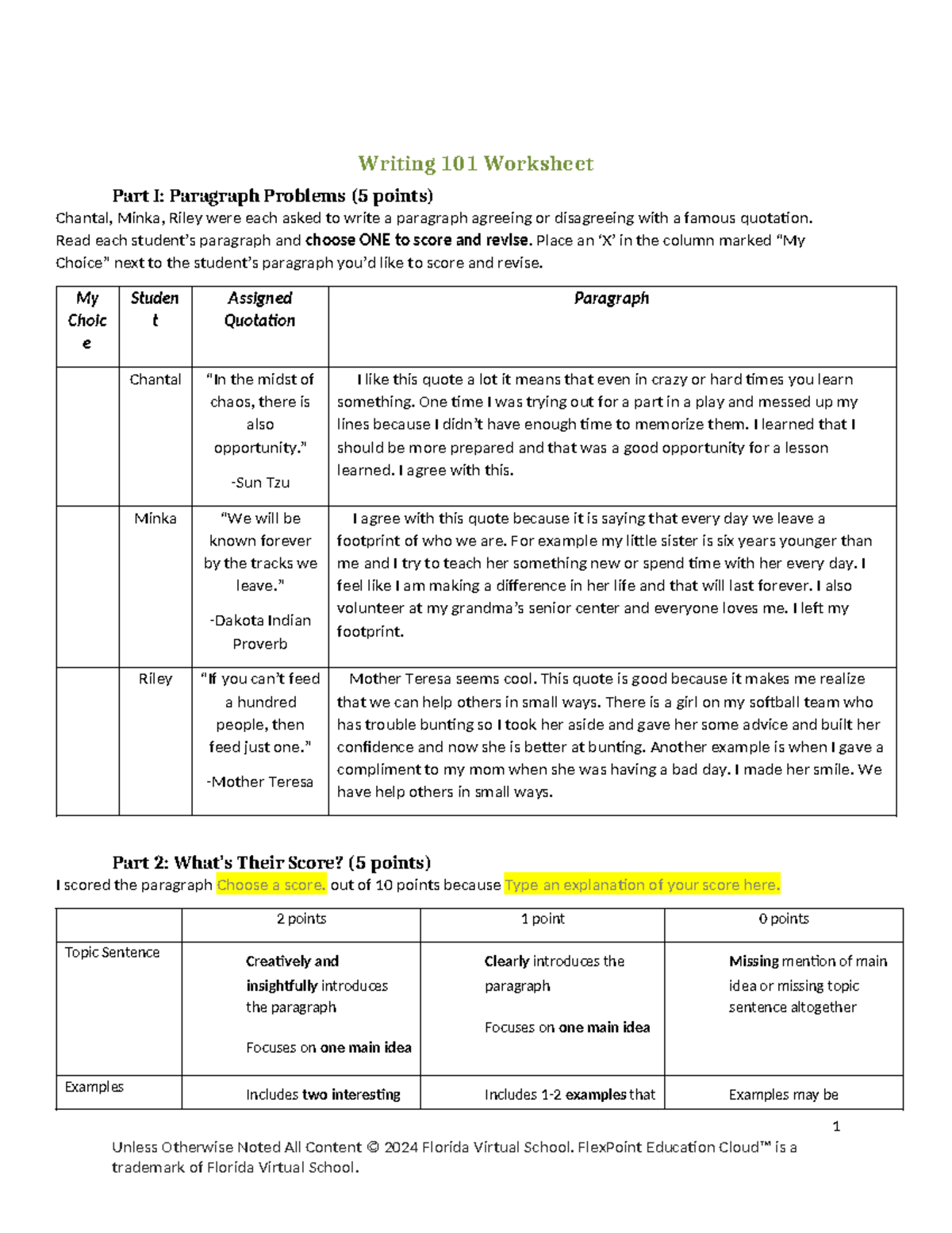 Writing 101 worksheet - it helps - Writing 101 Worksheet Part I ...