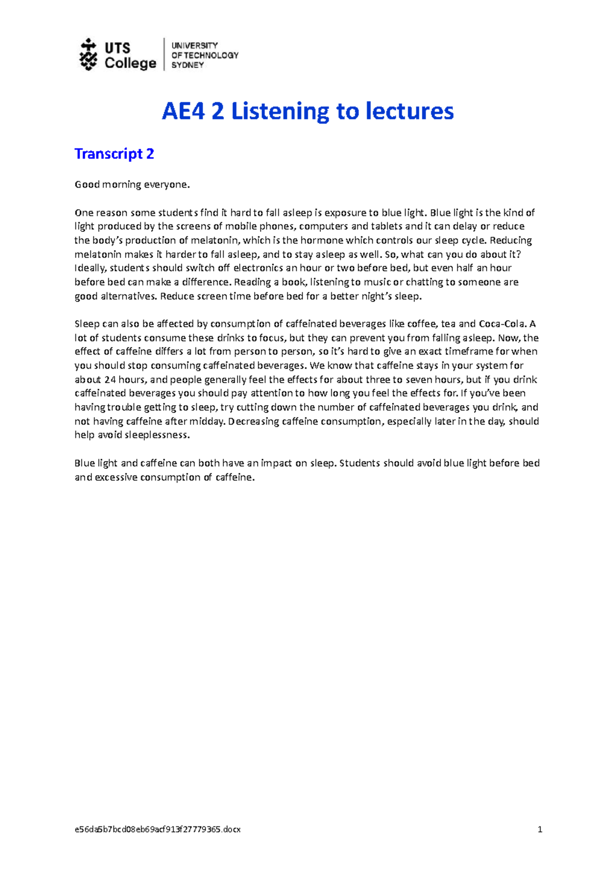 AE4 2 Listening to lectures - Transcript 2 S - AE4 2 Listening to ...