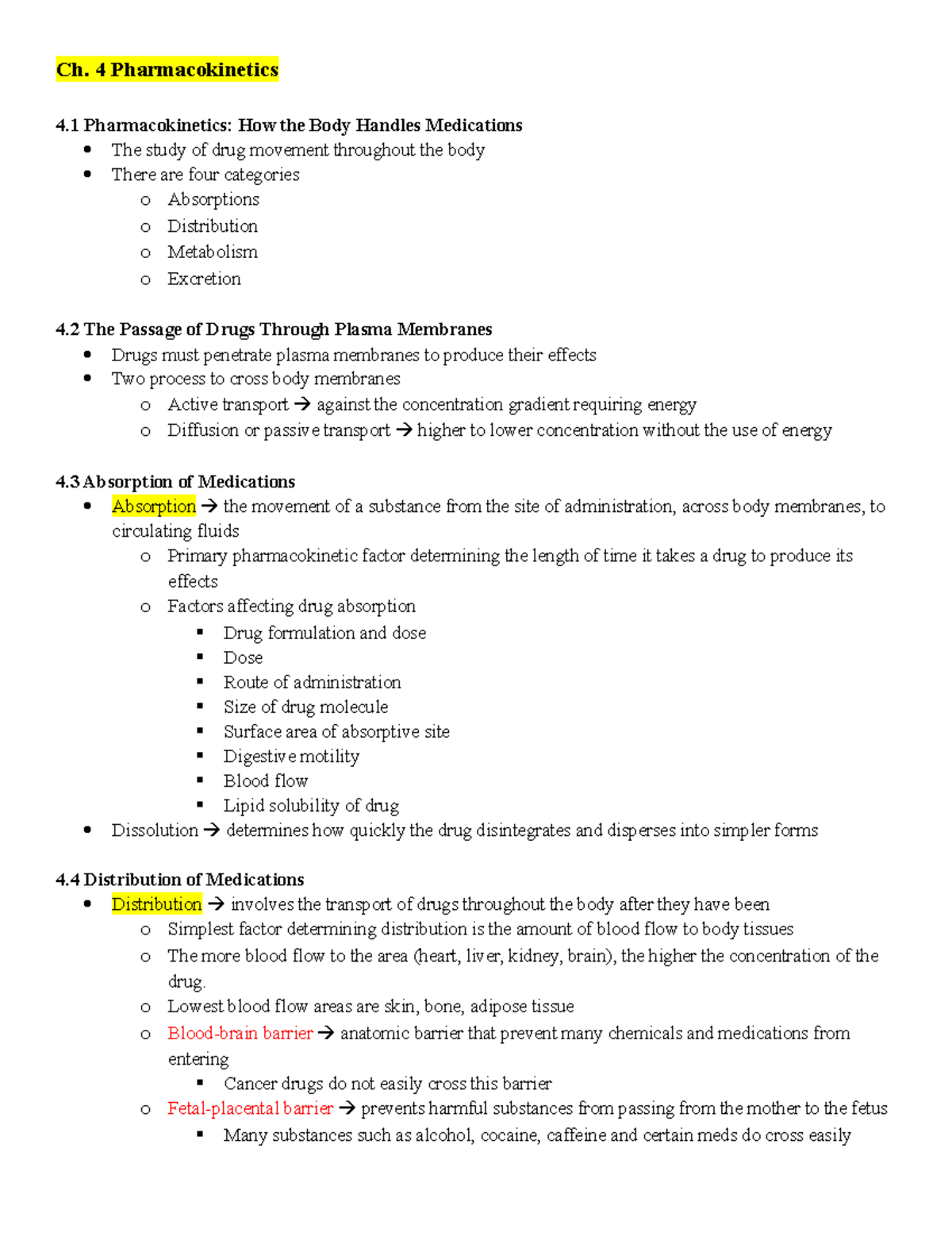 Ch. 4 Pharmacokinetics Notes - Ch. 4 Pharmacokinetics 4 ...