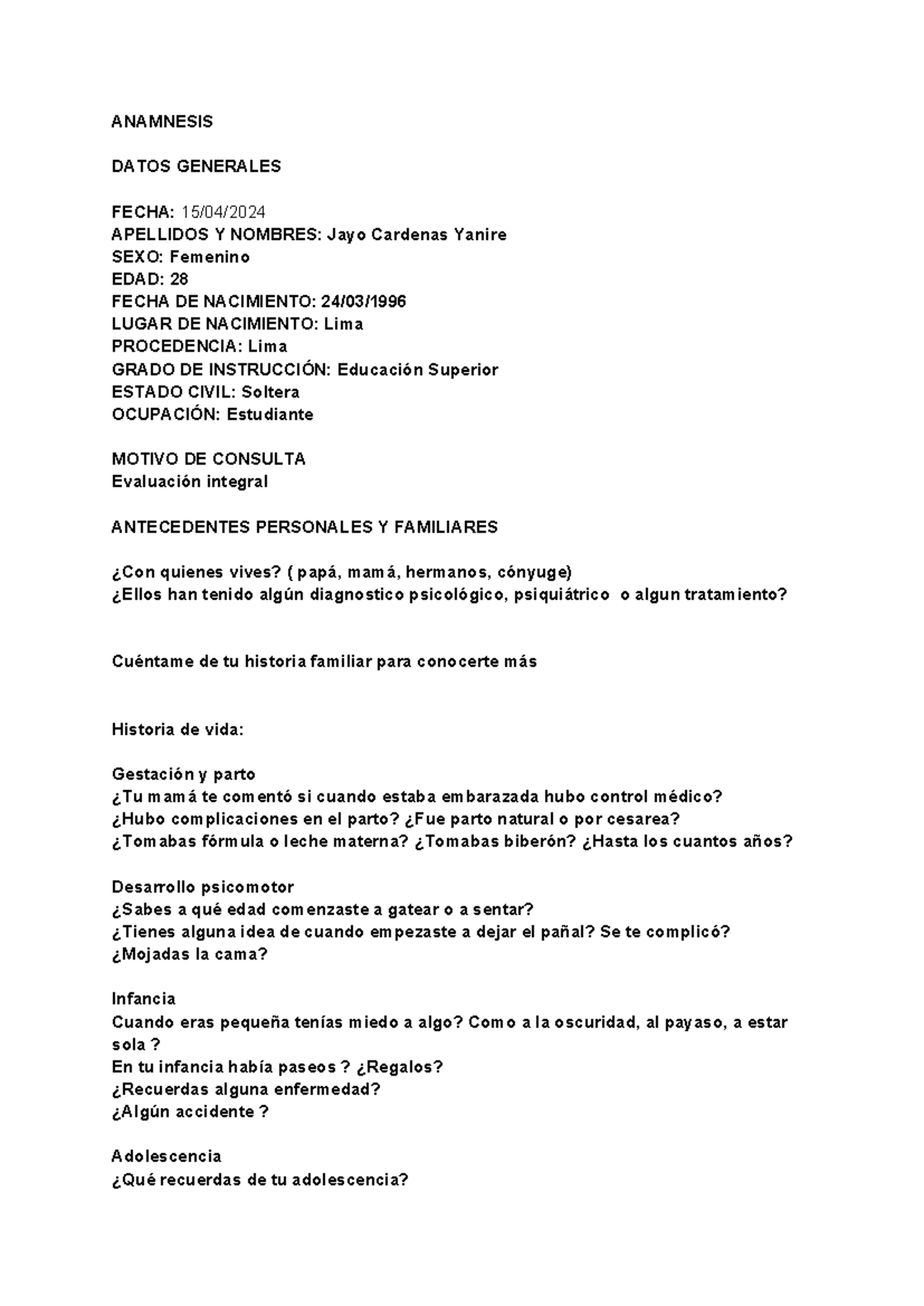 Anamnesis - ta1 - ANAMNESIS DATOS GENERALES FECHA: 15/04/ APELLIDOS Y ...