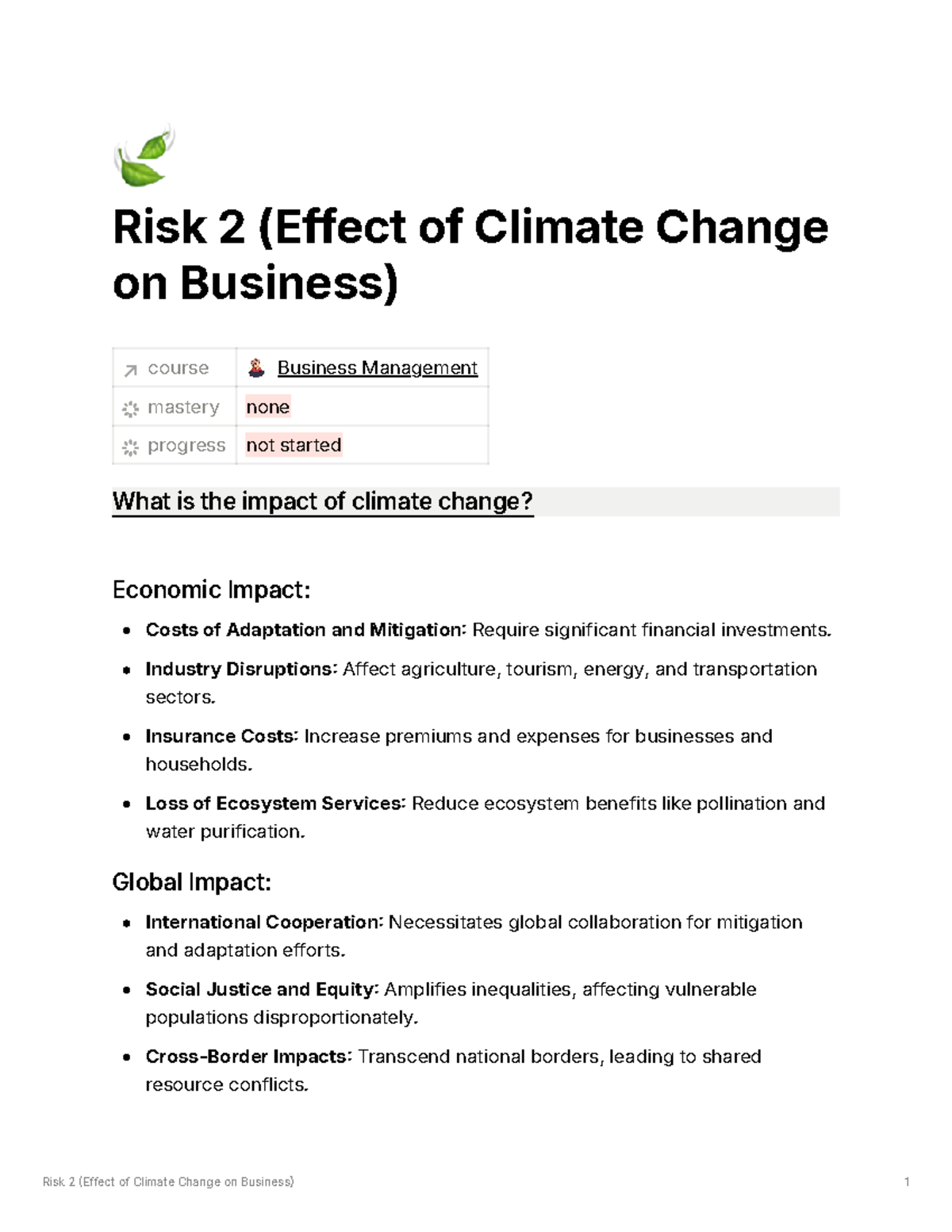Risk 2 climate change - Summary Business Management - 🍃 Risk 2 (Effect ...