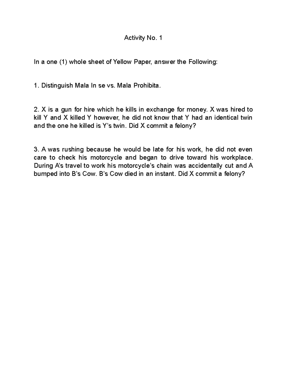 Activity 1 (Book 1) - Activity No. 1 In a one (1) whole sheet of Yellow ...