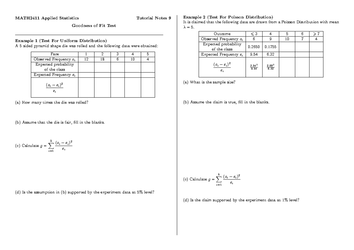 TN09 - Dave Au - MATH2411 Applied Statistics Tutorial Notes 9 Goodness ...