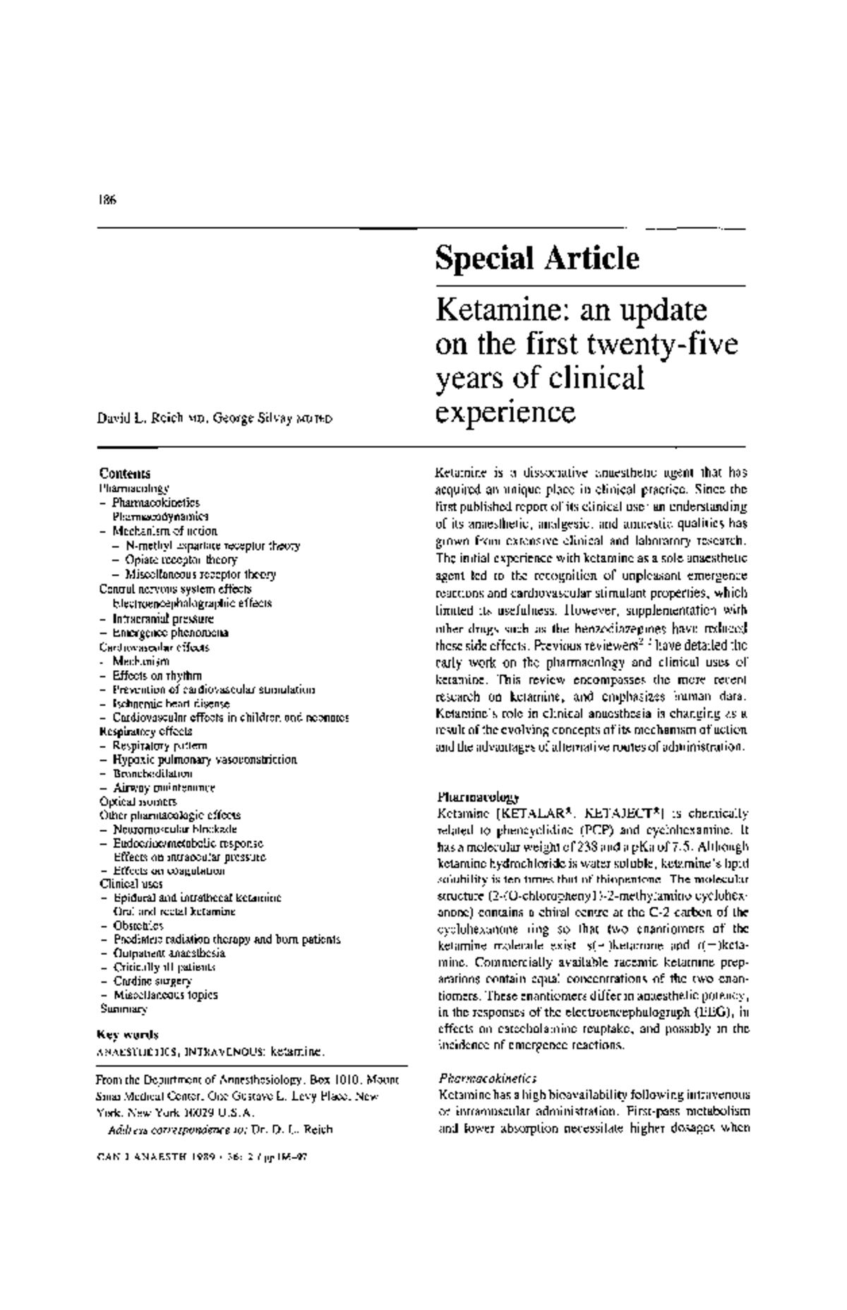 Ketamine - 186 David L. Reich MD, George Silvay MDPhD Special Article ...