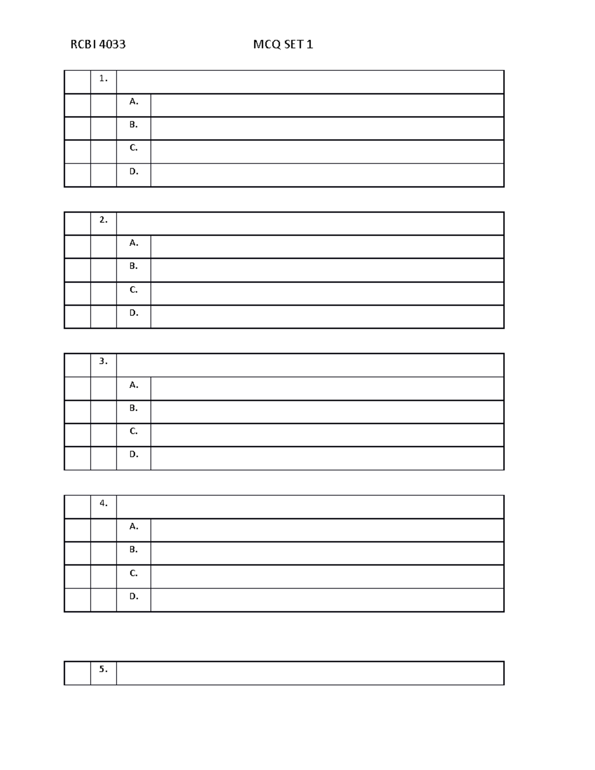 RCBI SET 1 - 1. A. B. C. D. 2. A. B. C. D. 3. A. B. C. D. 4. A. B. C. D. 5. A. B. C. D. 6. A. B ...