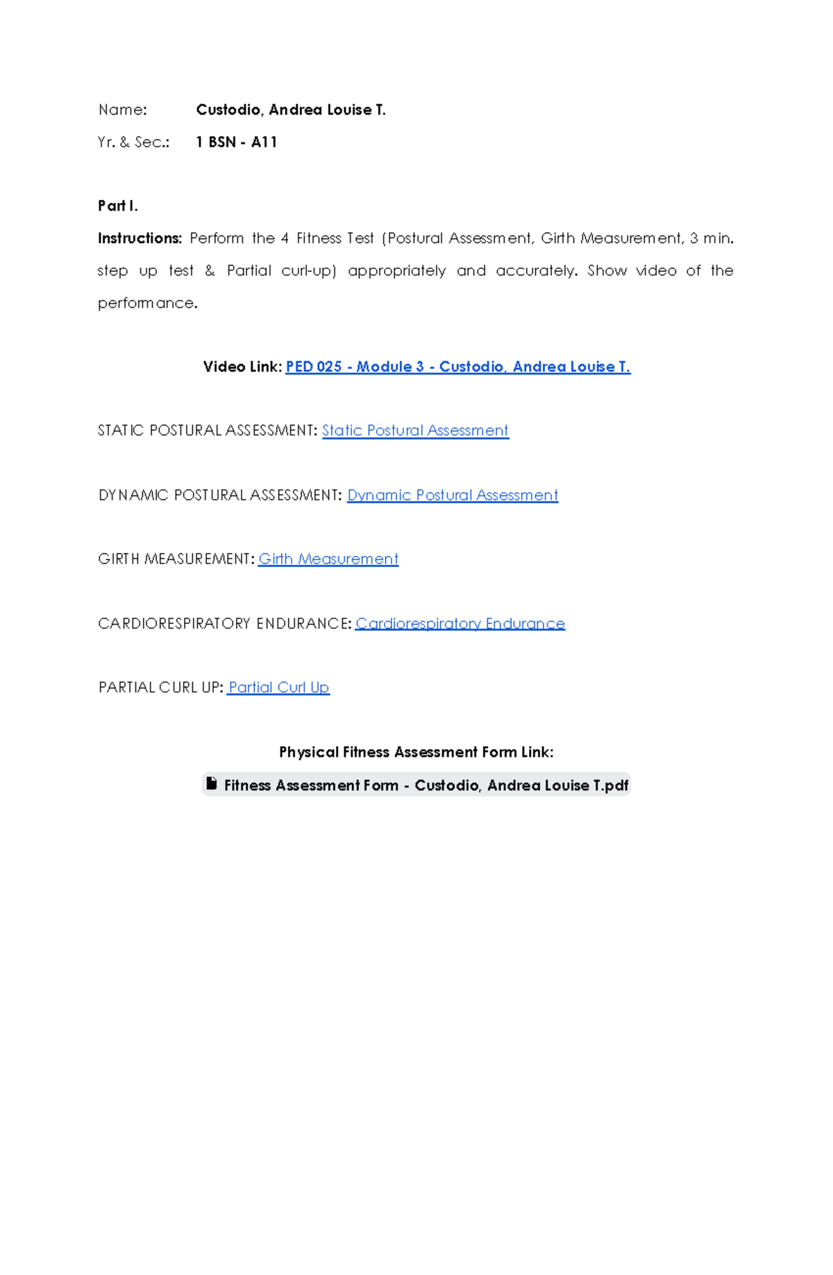 PED 025 - Module 3 Activities - Name: Custodio, Andrea Louise T. Yr. & Sec.: 1 BSN - A Part I ...
