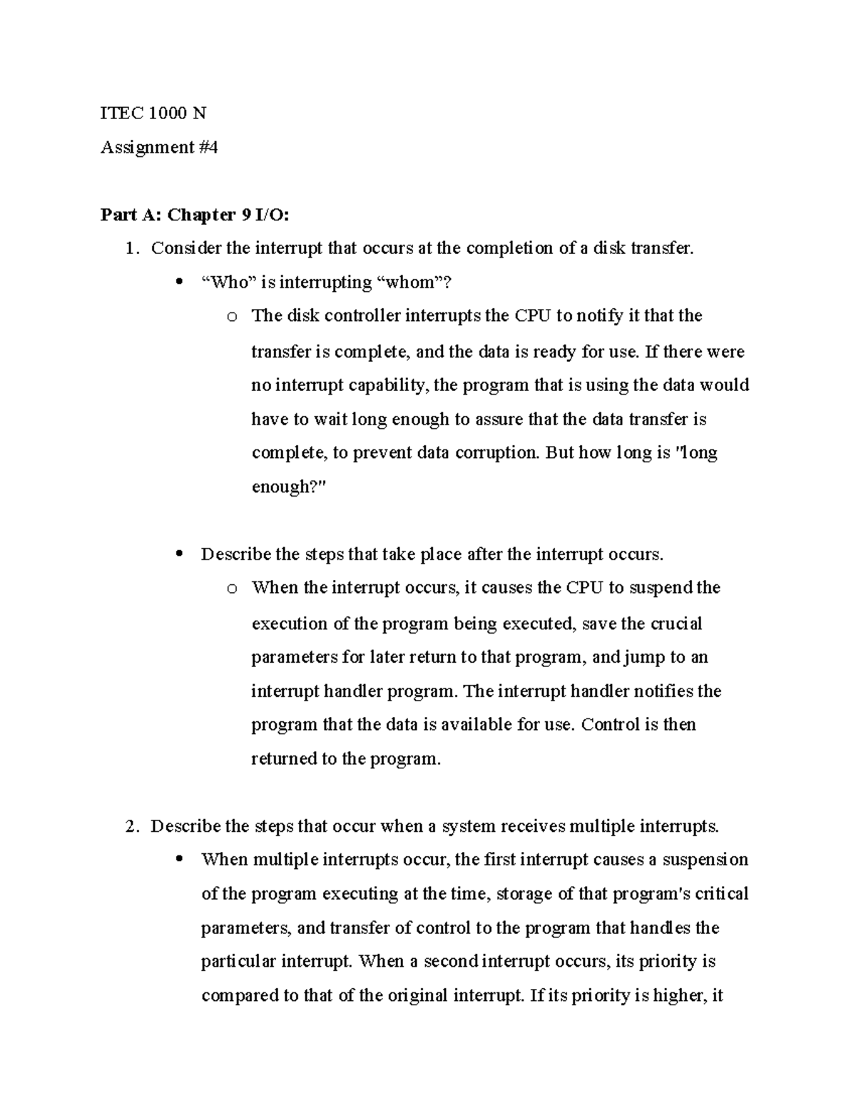 Assignment 4 copy - ITEC 1000 N Assignment # Part A: Chapter 9 I/O: 1. Consider the interrupt ...