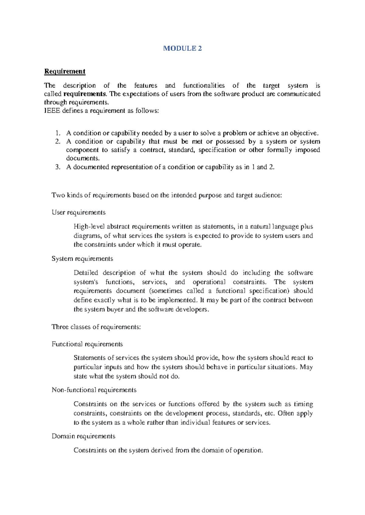 SE module 2 - Notes - MODULE 2 Requirement The description of the ...