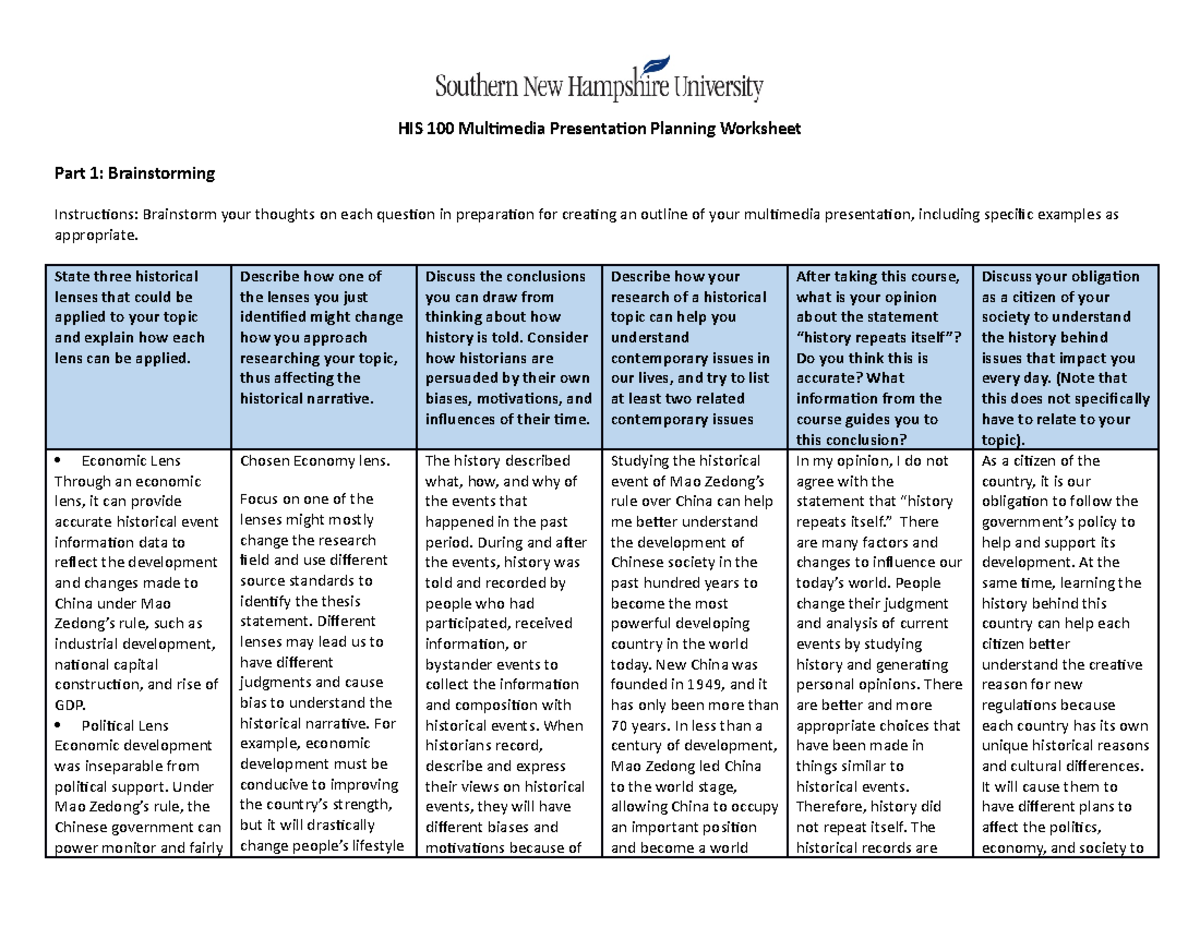 7-1 Multimedia Presentation Planning - State three historical lenses ...