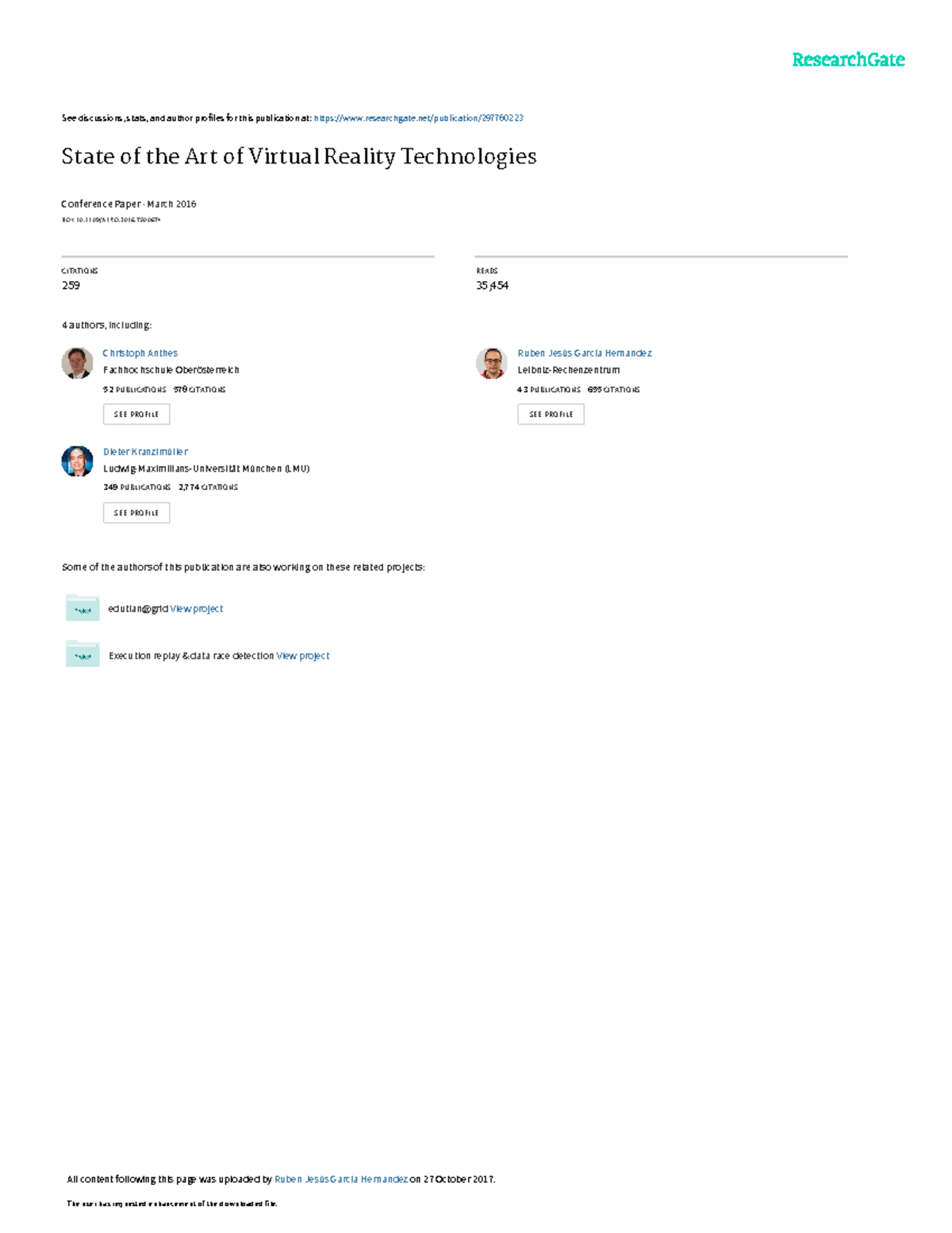 State of the Art of Virtual Reality Technologies - See discussions ...