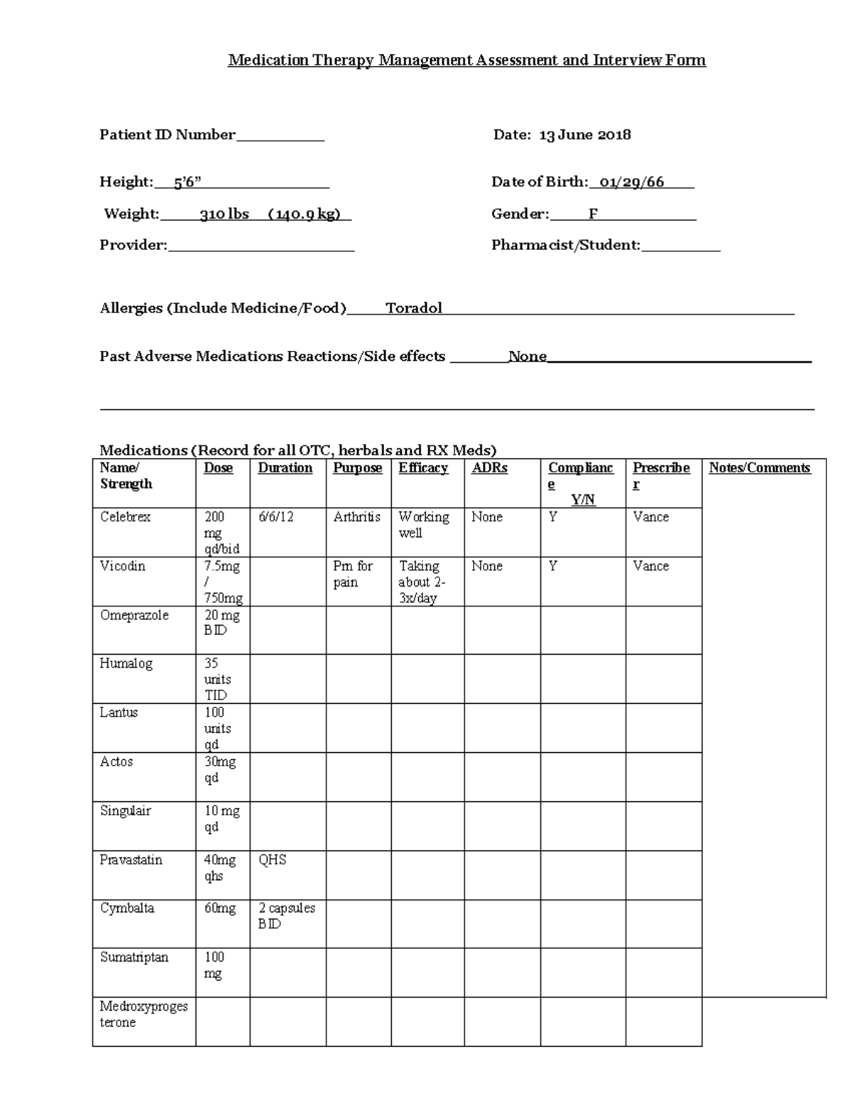 MTMData Assessment Form - Patient ID Number_________ Date: 13 June 2018 ...