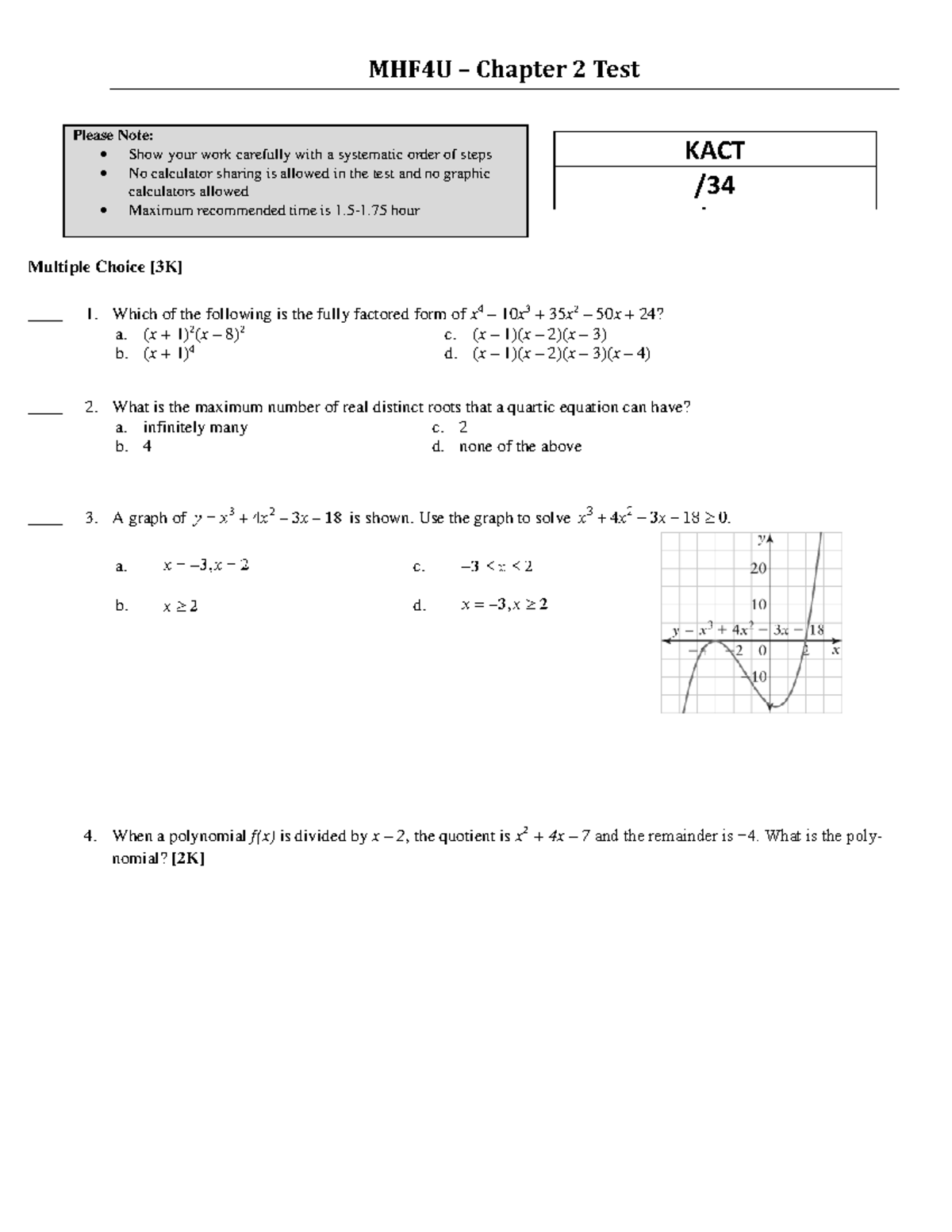 Chapter 2 Assessment 2023 - MHF4U – Chapter 2 Test Please Note: - Show ...
