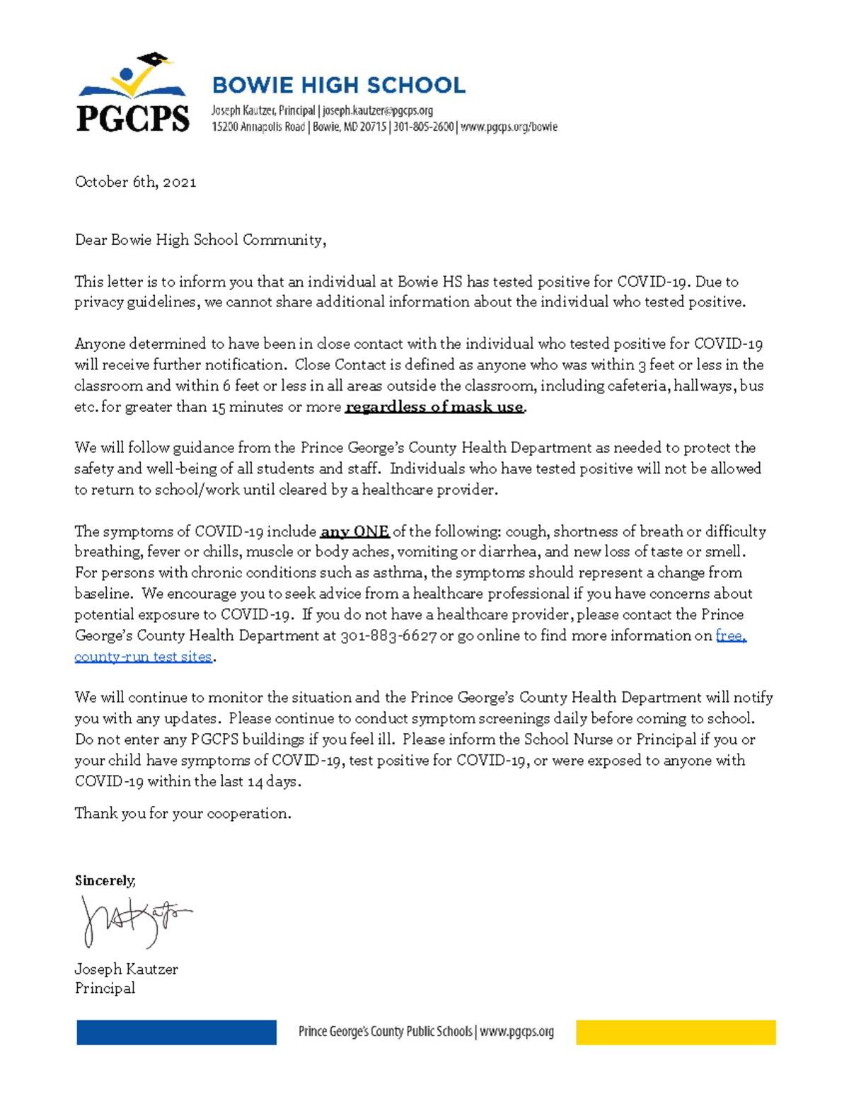 Oct 6, Bowie HS, Covid-19 Notification Letter to Community - PHYS 302 ...