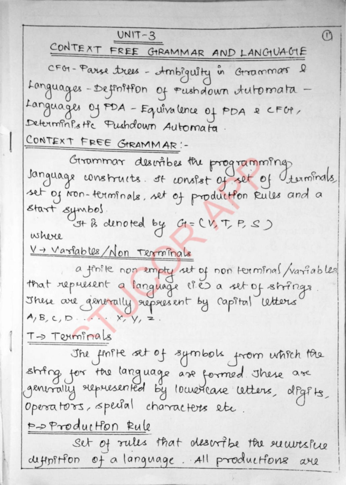 TOC-UNIT 3 - Easy - 1 CONTEXT FREE GRAMMAR AND LANGUAGE Parse trees Ambiguity in Grammar ...