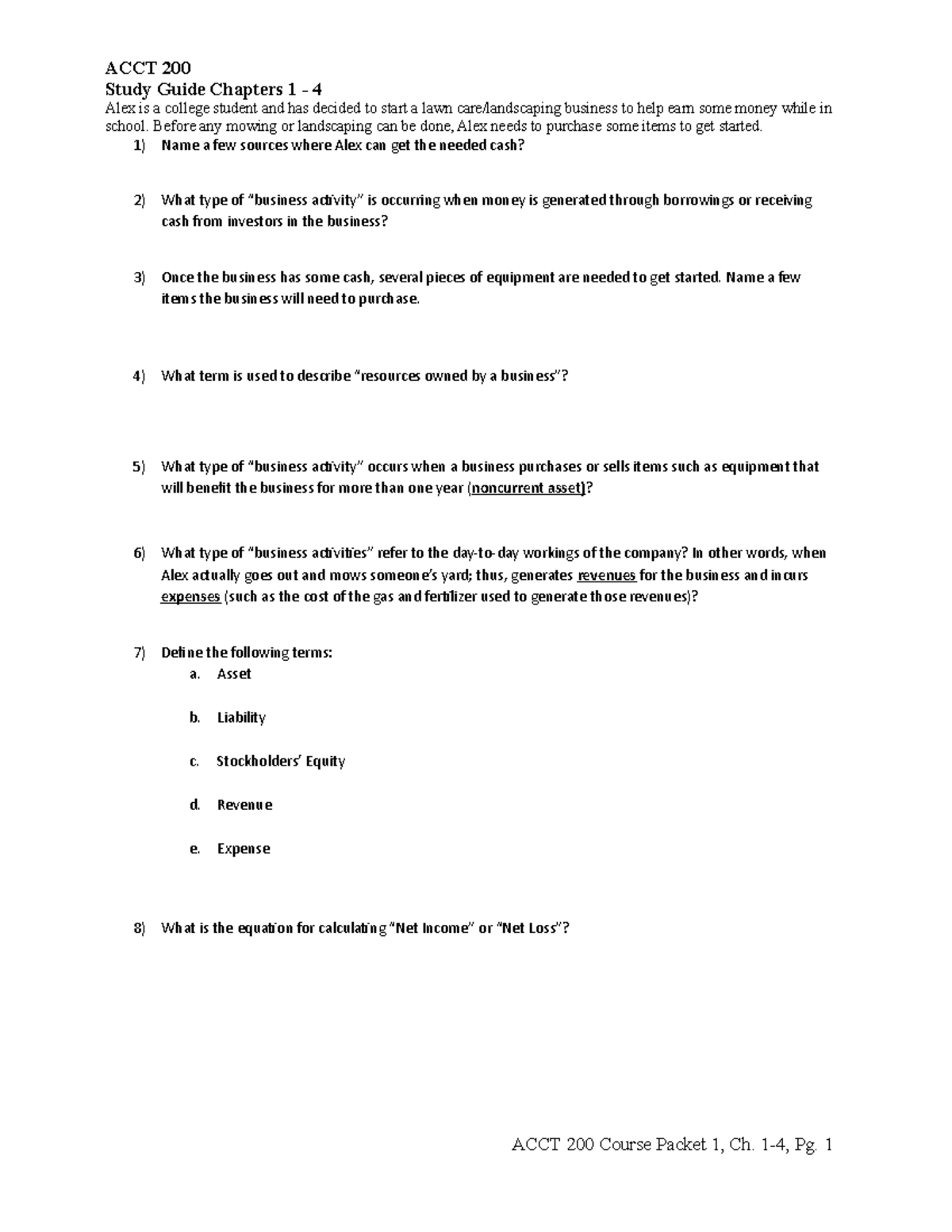 Students Course Packet 1 Ch. 1-4 Fall 2021 - ACCT 200 Study Guide ...
