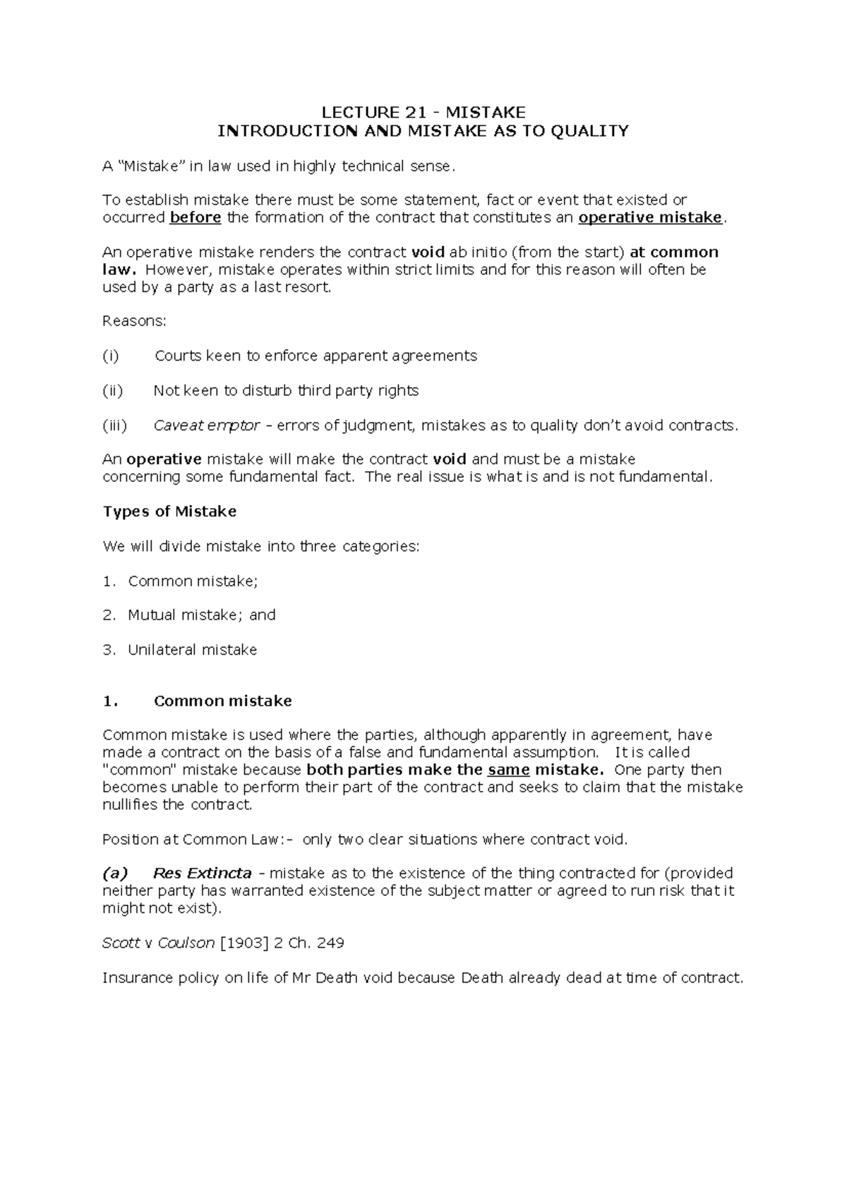 INTRODUCTION AND MISTAKE AS TO QUALITY - LECTURE 21 - MISTAKE ...