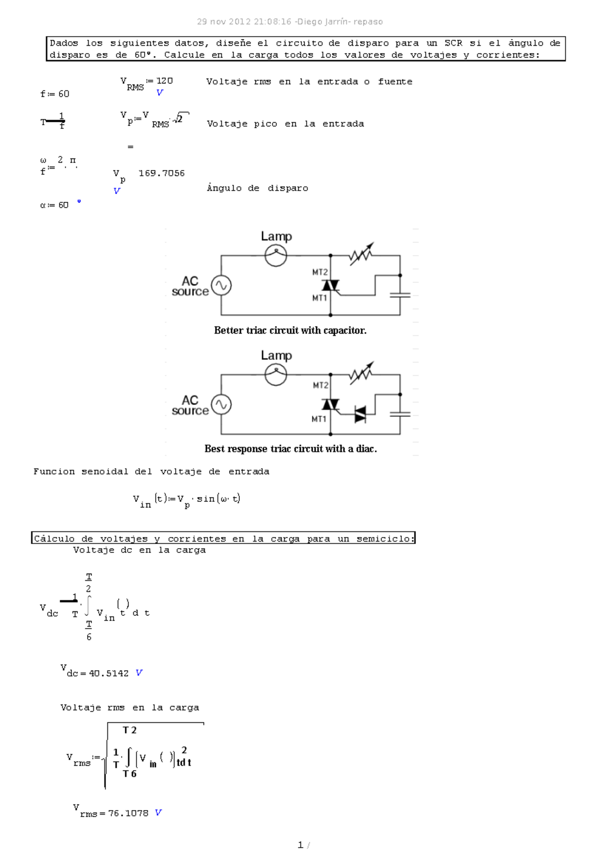 114975955-Calculos-Triac - 29 nov 2012 21:08:16 -Diego Jarrín- repaso 1 / 2 T 2 1 T V in 2 td t ...