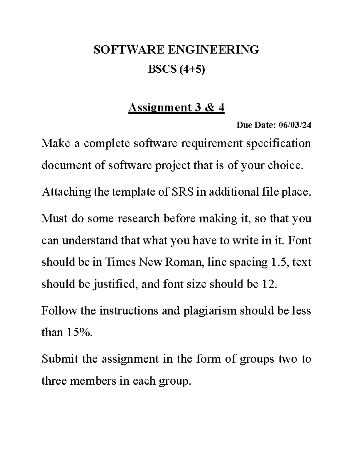 SE Assignment 3+4 - SOFTWARE ENGINEERING BSCS (4+5) Assignment 3 & 4 ...