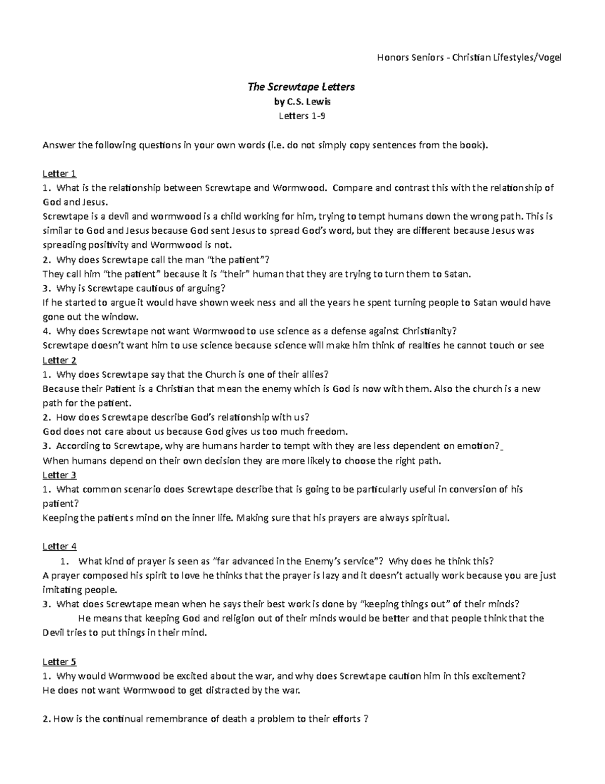 Screwtape Letters 1-9 questions - Honors Seniors - Christian Lifestyles ...
